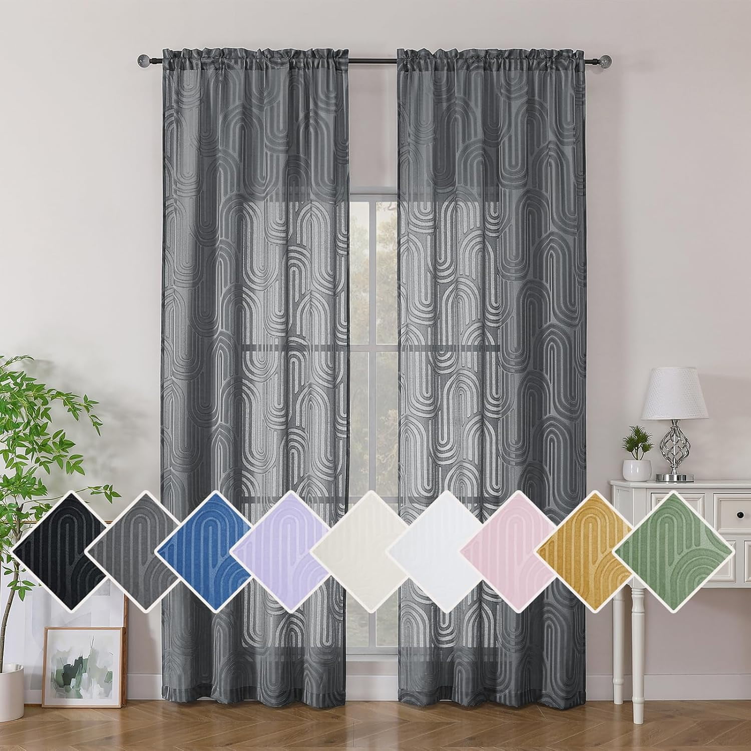Charcoal Grey Sheer Curtains 96 Inches Long 2 Panels for Living Room, Jacquard Clip Textured ...