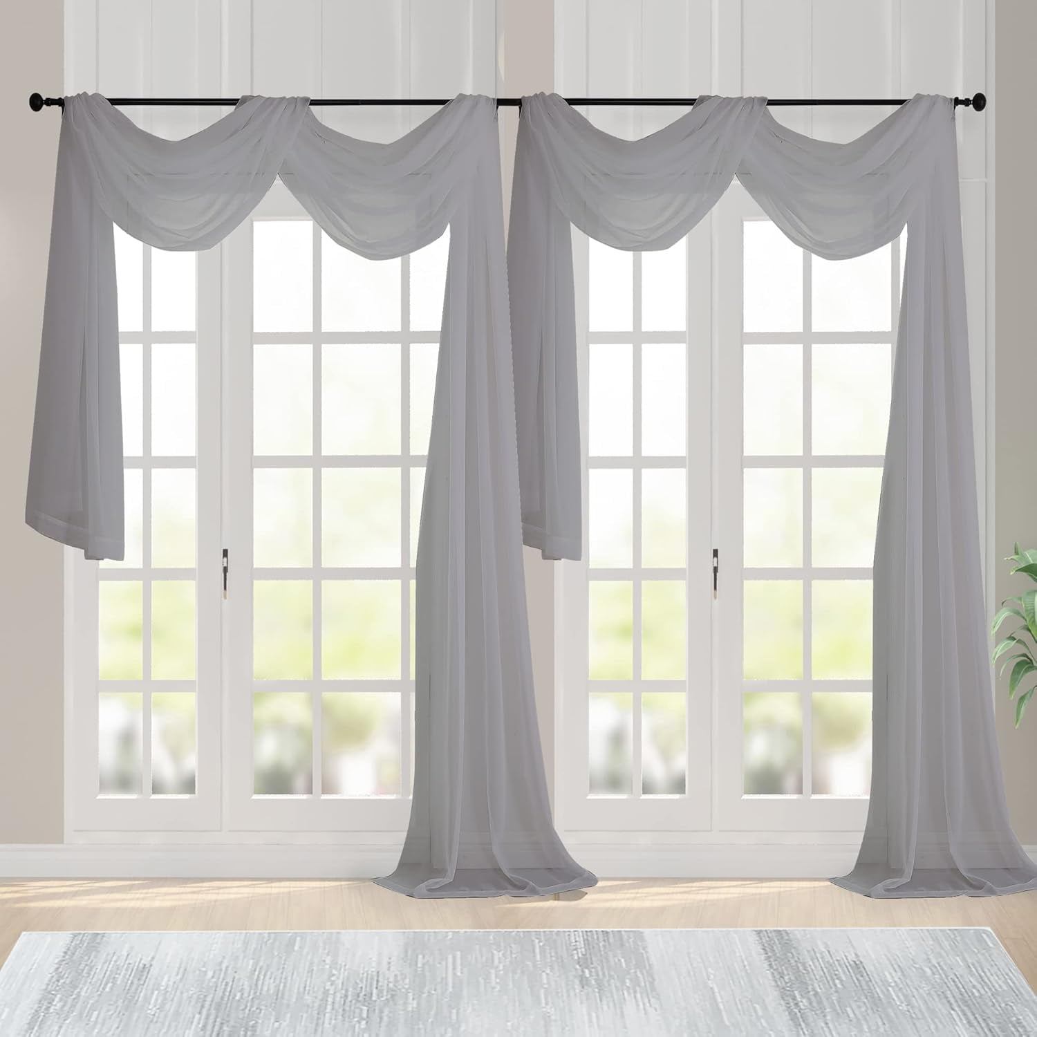 Charcoal Grey Sheer Scarf Valances for Windows 216 Inch Extra Long ...