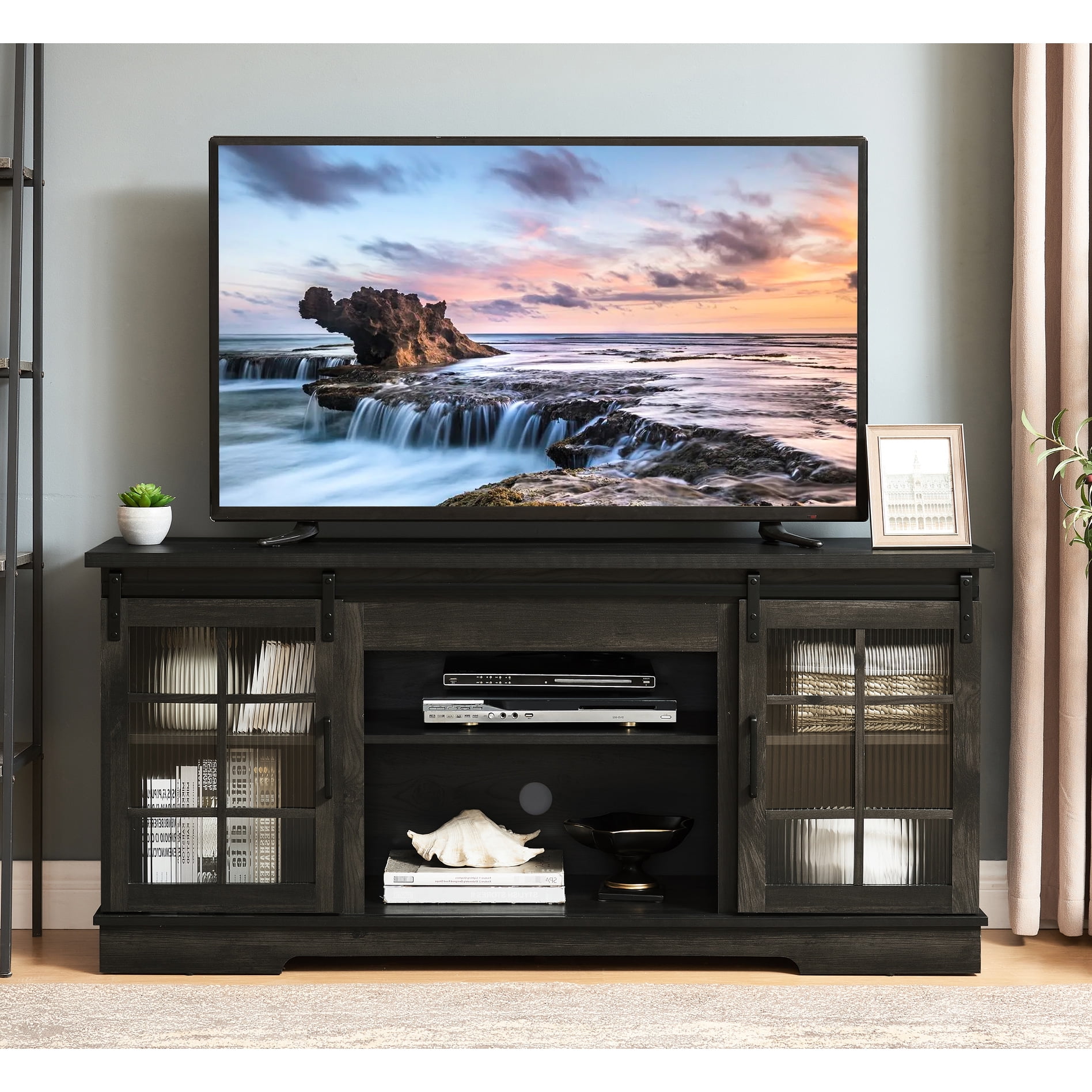 Charcoal Grey Tv Console With Ample Storage For 65" Multipurpose Sliding Door Stand Large ...