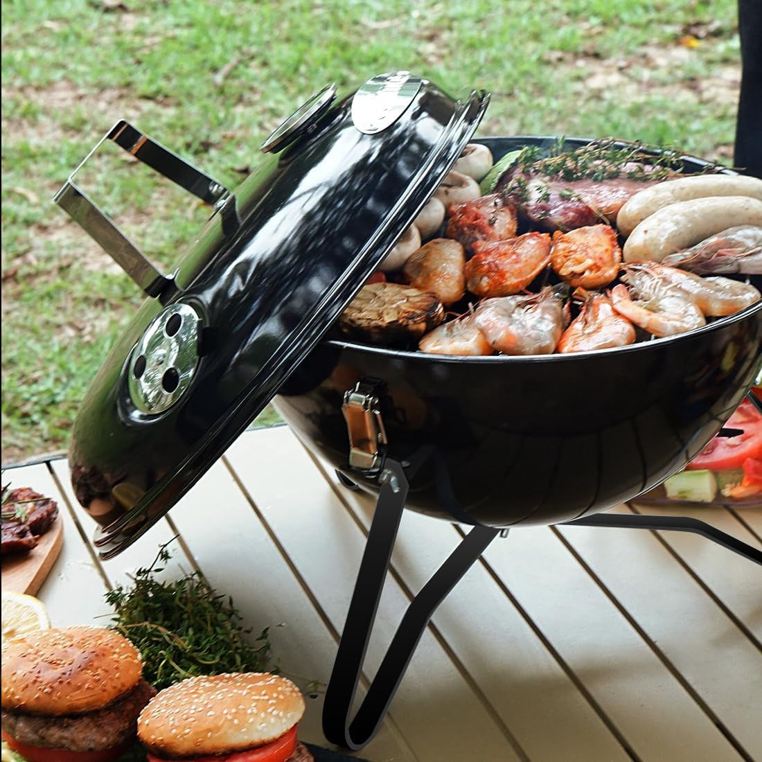 Charcoal Grill, 14.5'' Portable BBQ Grill, Outdoor Mini Grill, Lid with ...
