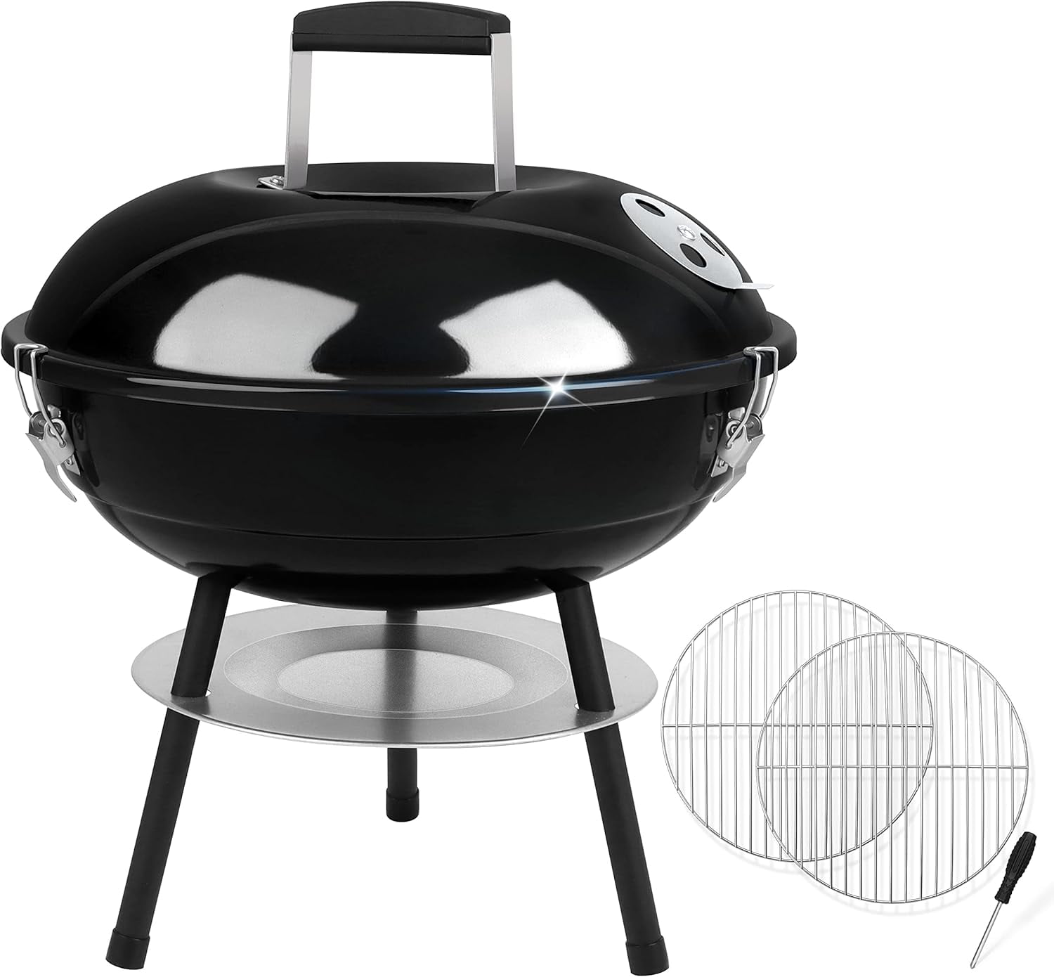Charcoal Grill with 2 Grilling Racks, 14 inch Small Portable BBQ Grill with Locking Lid for ...