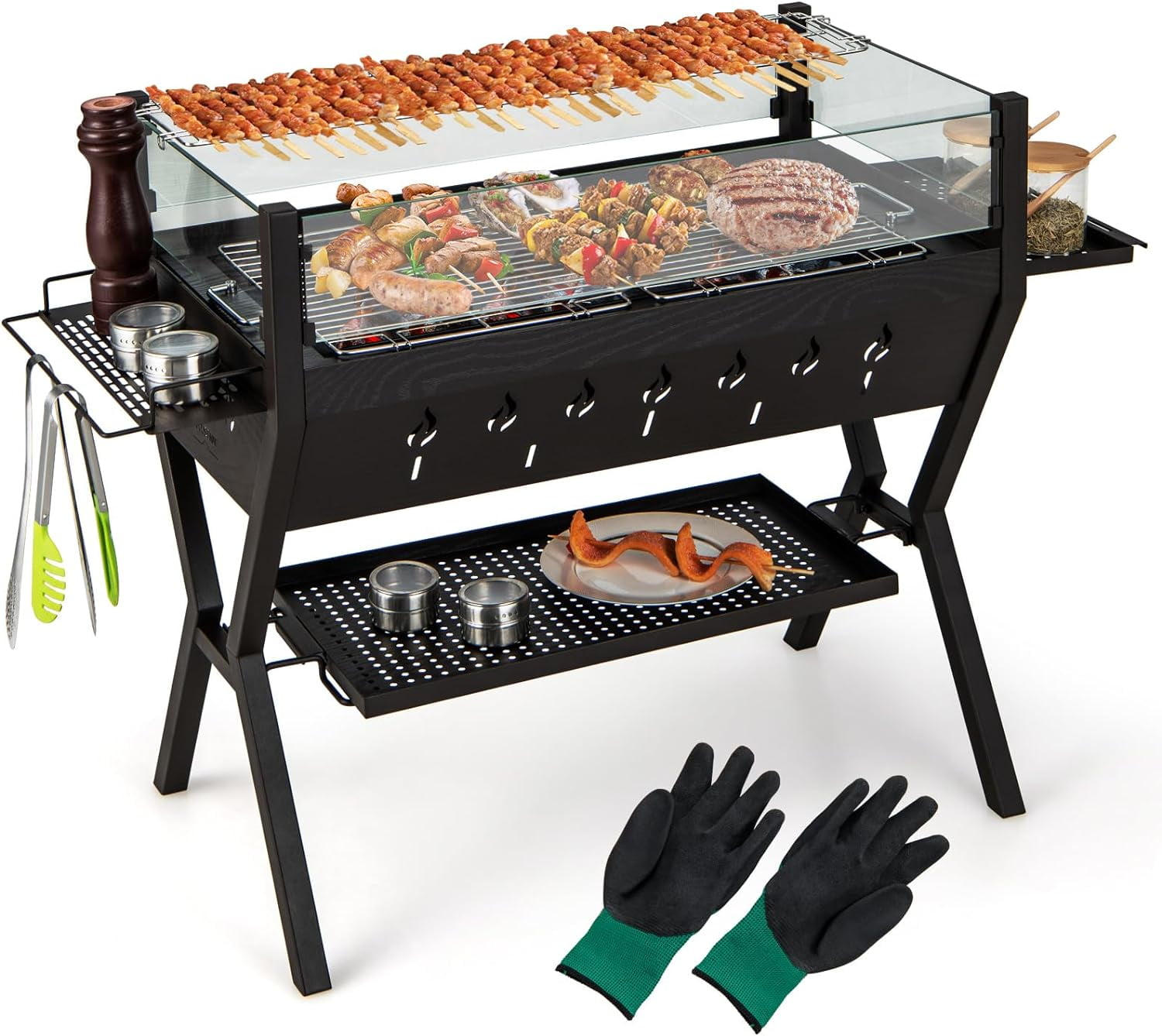 Charcoal Grill with Glass Wind Guard, Outdoor Barbecue Charcoal Grills ...