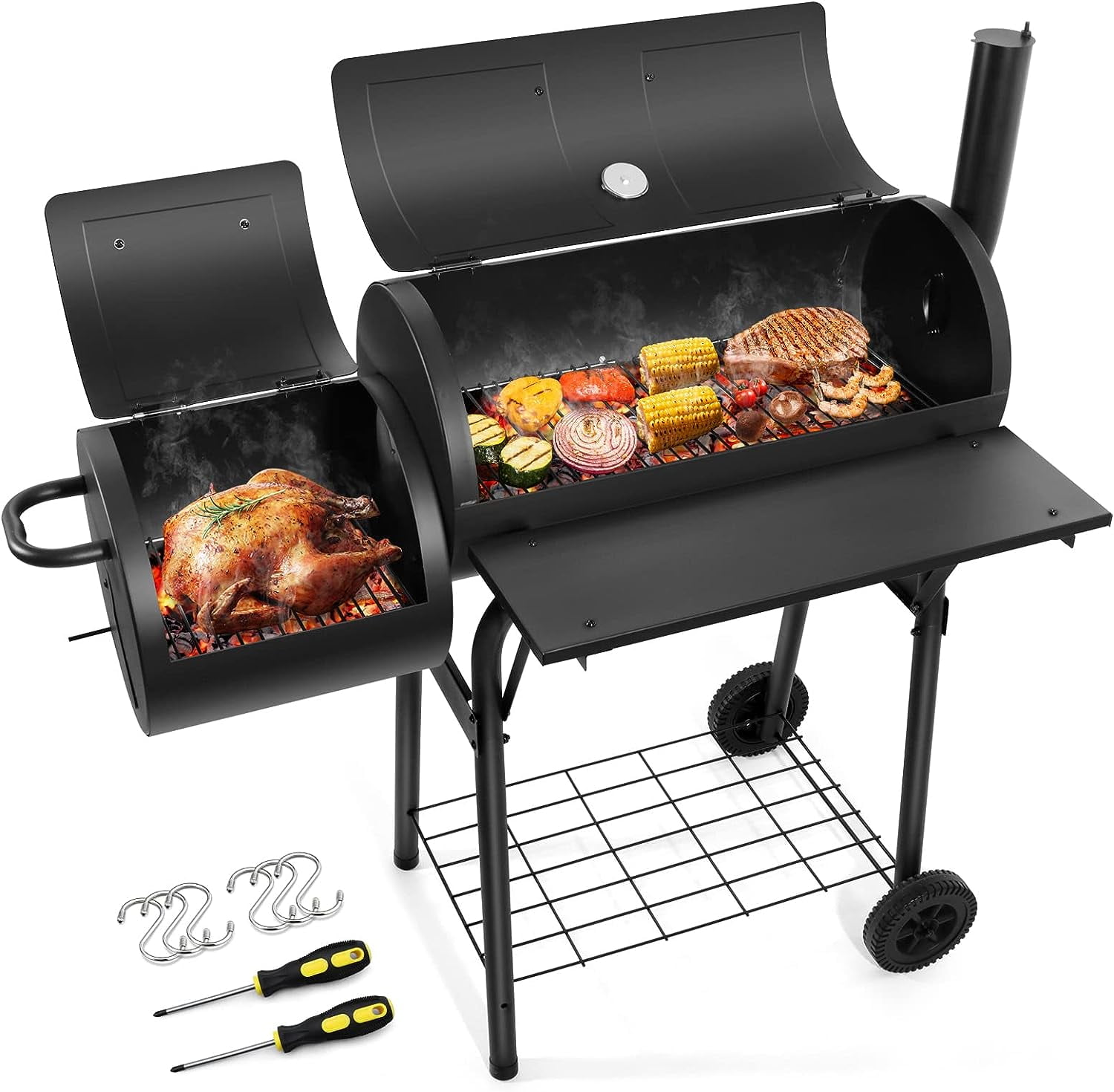 Charcoal Grill with Offset Smoker, Outdoor Barrel BBQ Grill, Camping ...