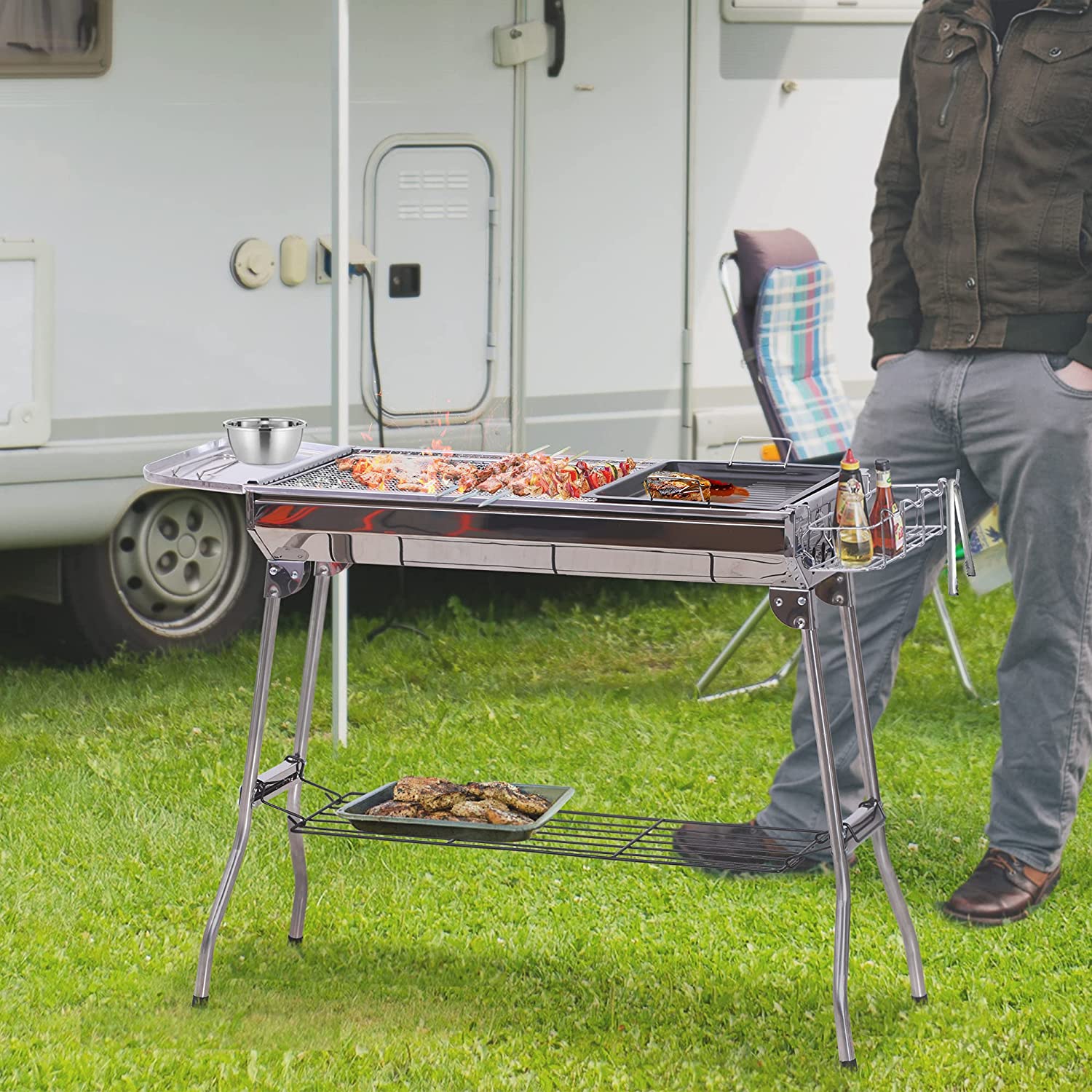 Charcoal Grill, Stainless Steel Portable Folding BBQ, Outdoor Hibachi ...