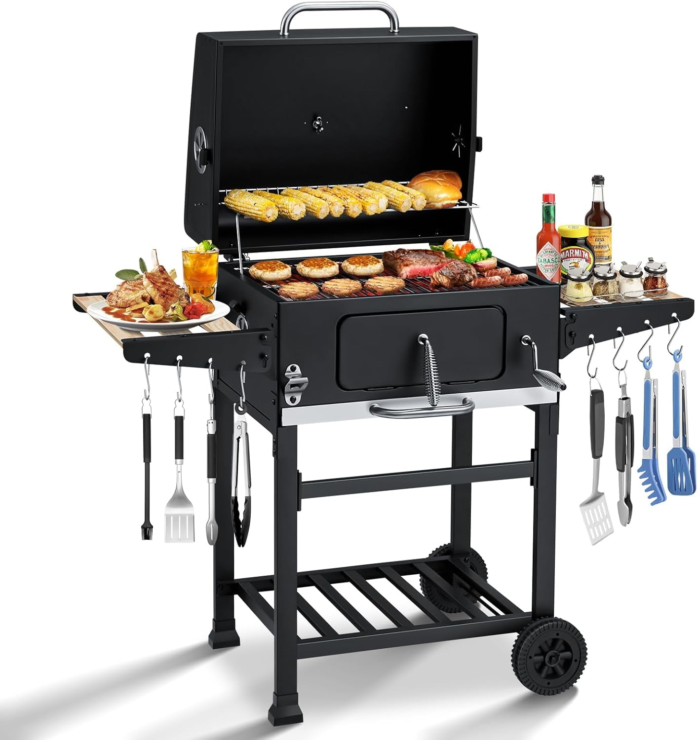 Charcoal Grill with Wood Foldable Side Table - 338 Sq.In BBQ Area with ...