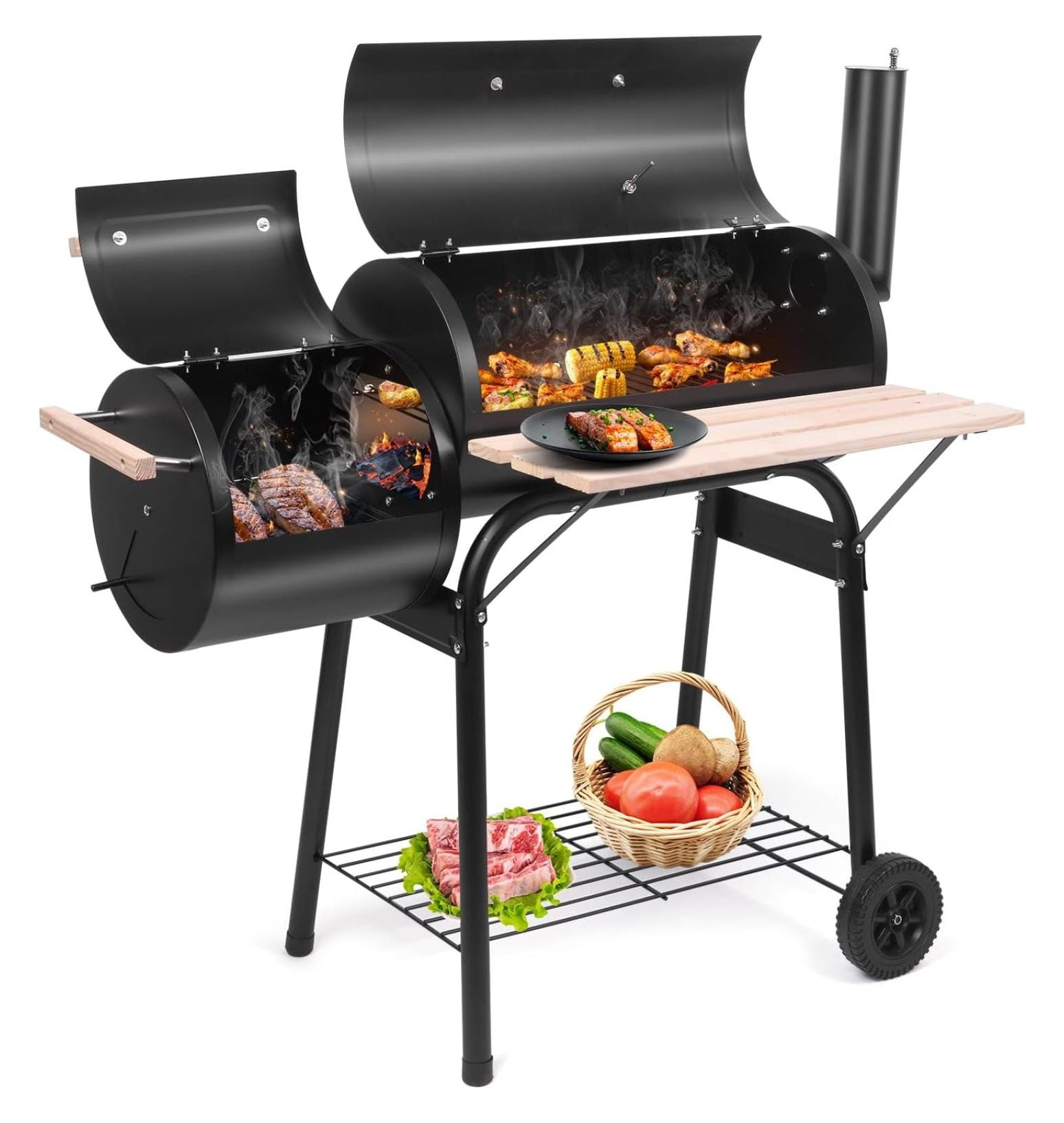 Charcoal Grill and Offset Smoker, Outdoor Patio Barbecue Cooker with Wheels, Portable Backyard ...