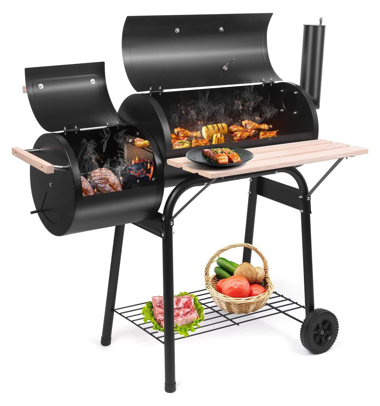 Charcoal Grill and Offset Smoker, Outdoor Patio Barbecue Cooker with ...