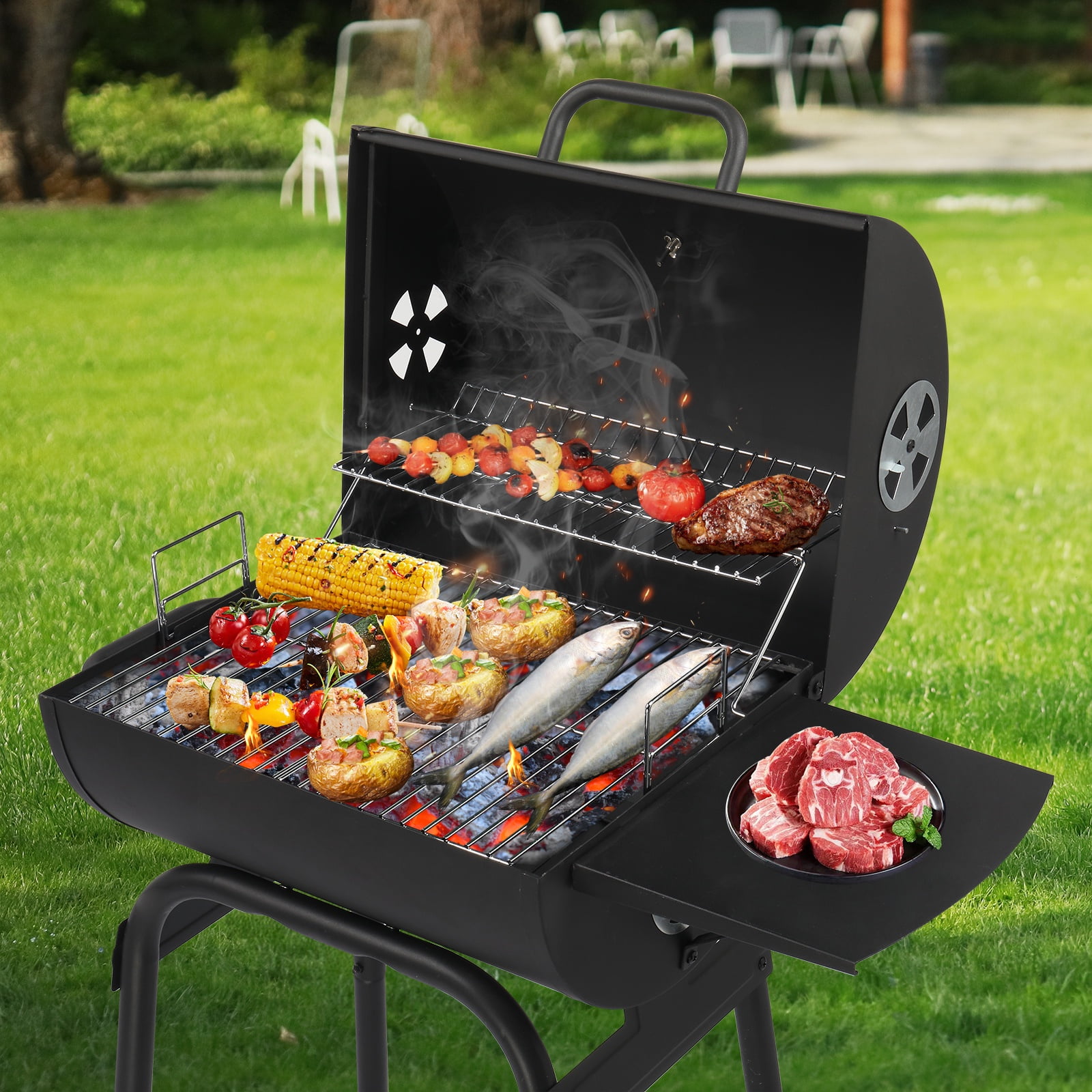 Charcoal Grill with Two Side Tables, BBQ Grill for Outdoor Picnic ...