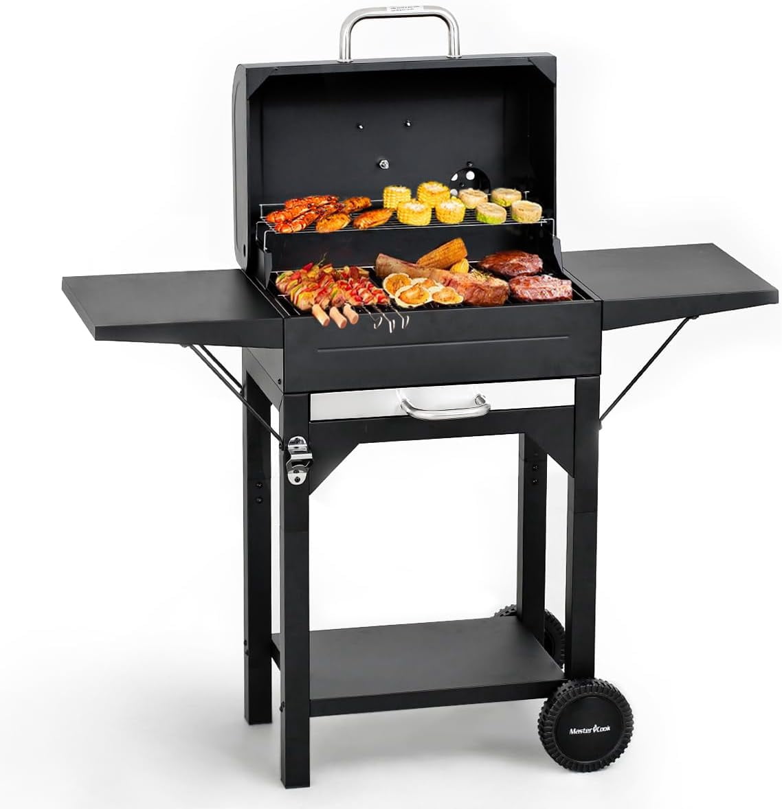 Charcoal Grill with Two Side Tables, Heavy-duty Steel Barbecue BBQ ...