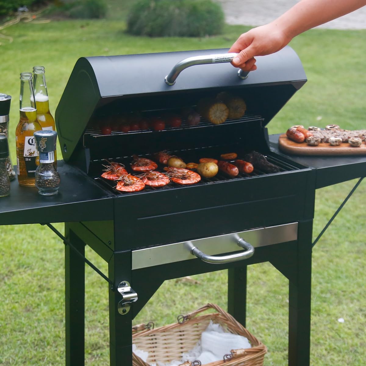 Charcoal Grill with Two Side Tables, Heavy-duty Steel Barbecue BBQ ...