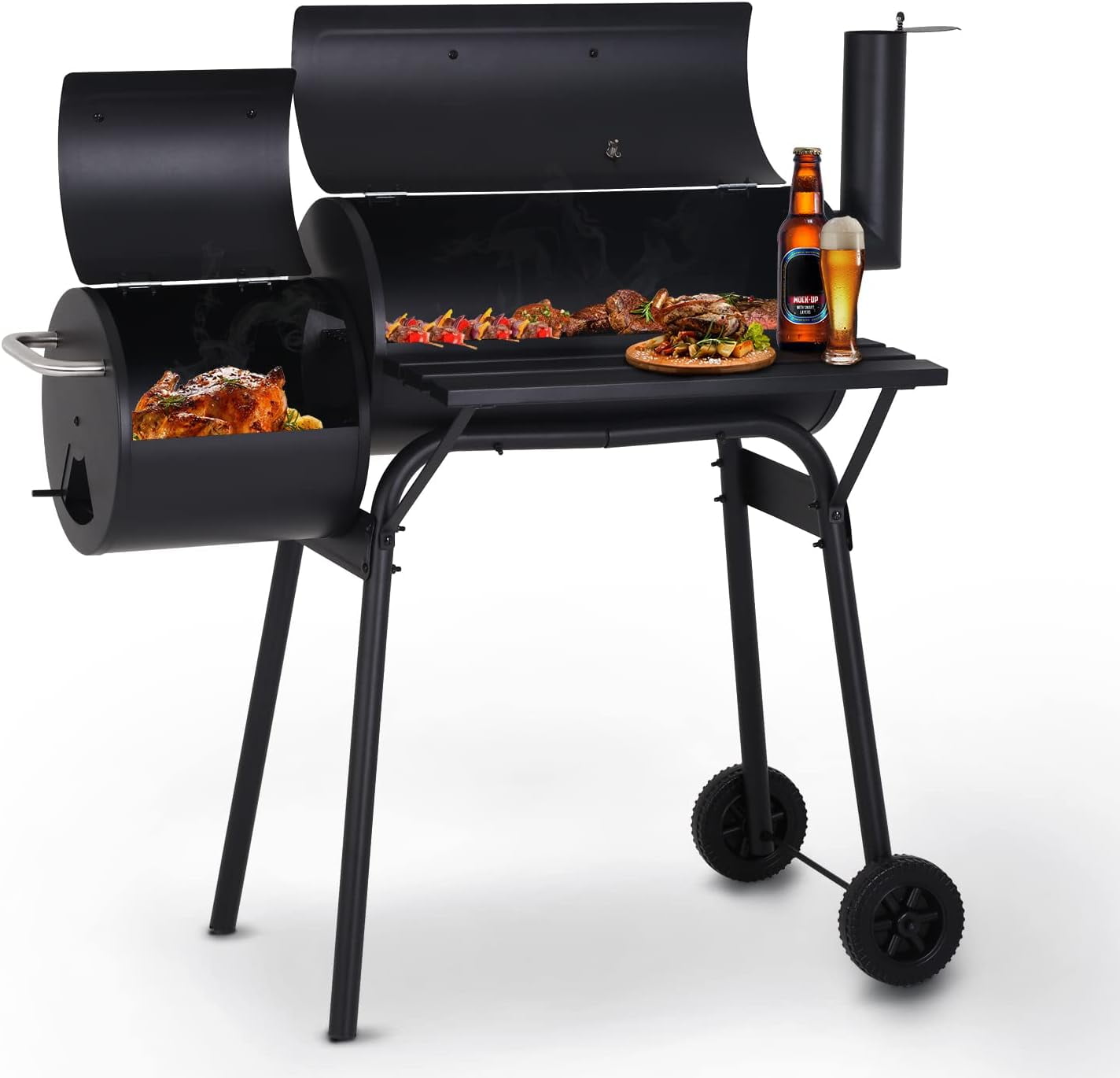 Charcoal Grills Outdoor BBQ Grill Offset Smoker with Wheels Side Fire Box Portable Barbecure ...