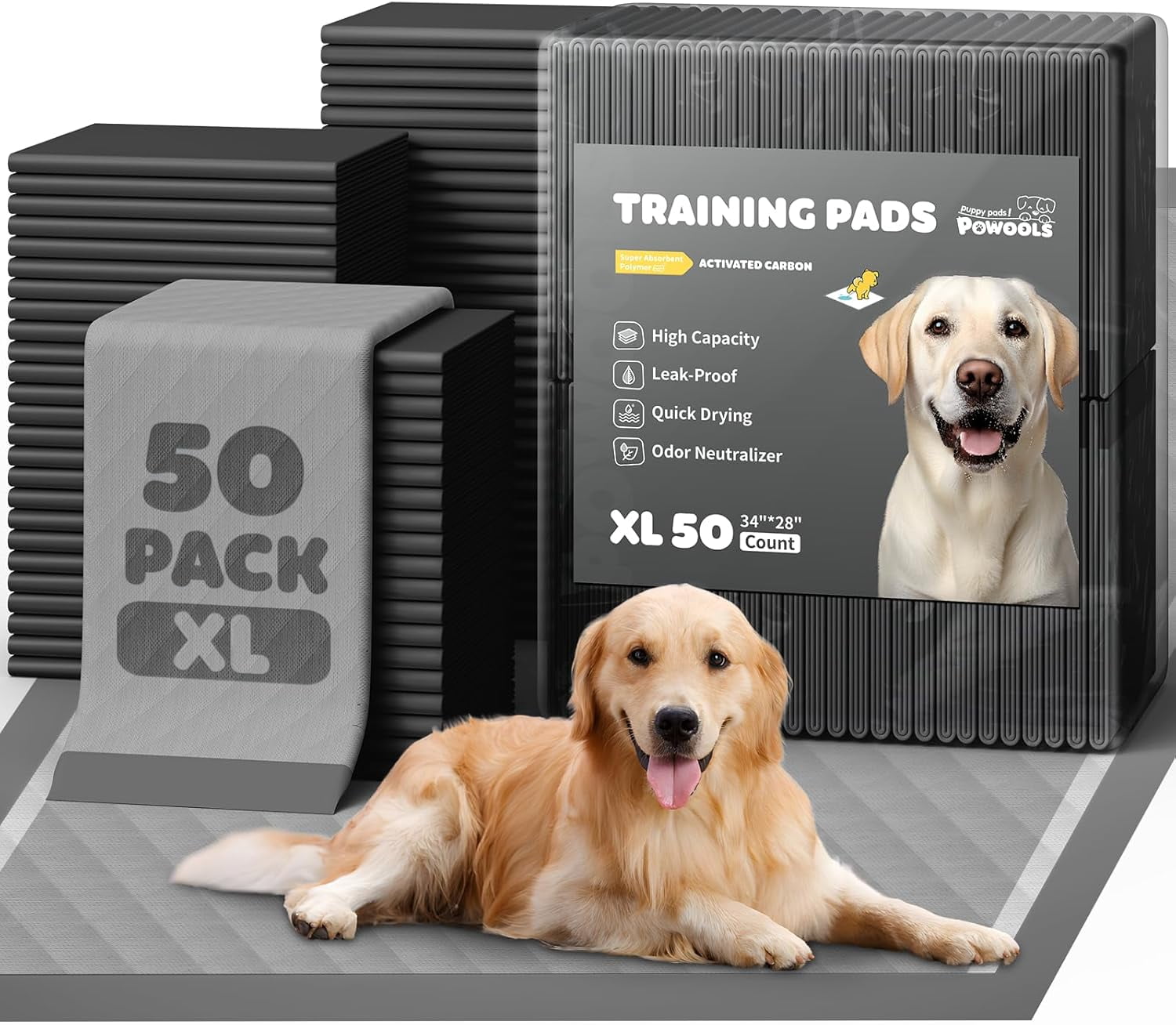 Charcoal Puppy Pads - 50 Packs, 34"×28" Ultra-Large Puppy Pads, Odor ...