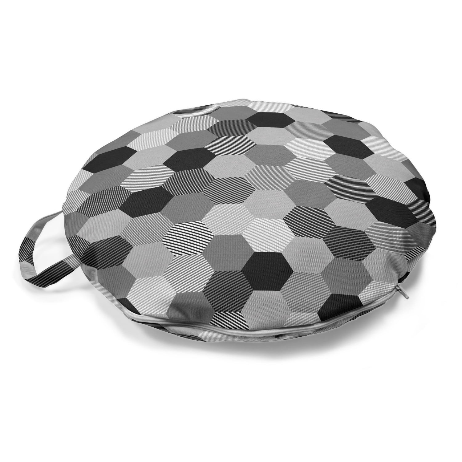 Charcoal Round Floor Cushion with Handle, Greyscale Geometric Pattern ...