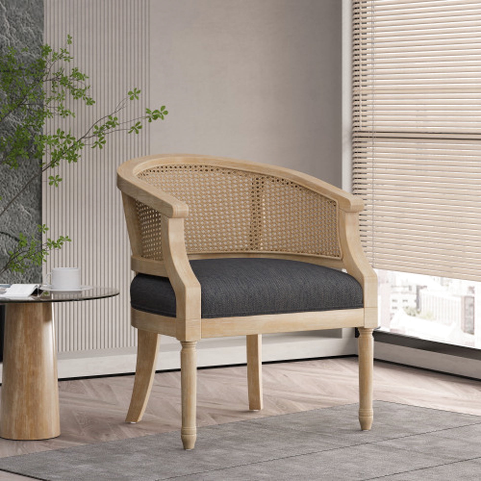 Charcoal Upholstered Accent Chair With Rubberwood Frame And Cane ...