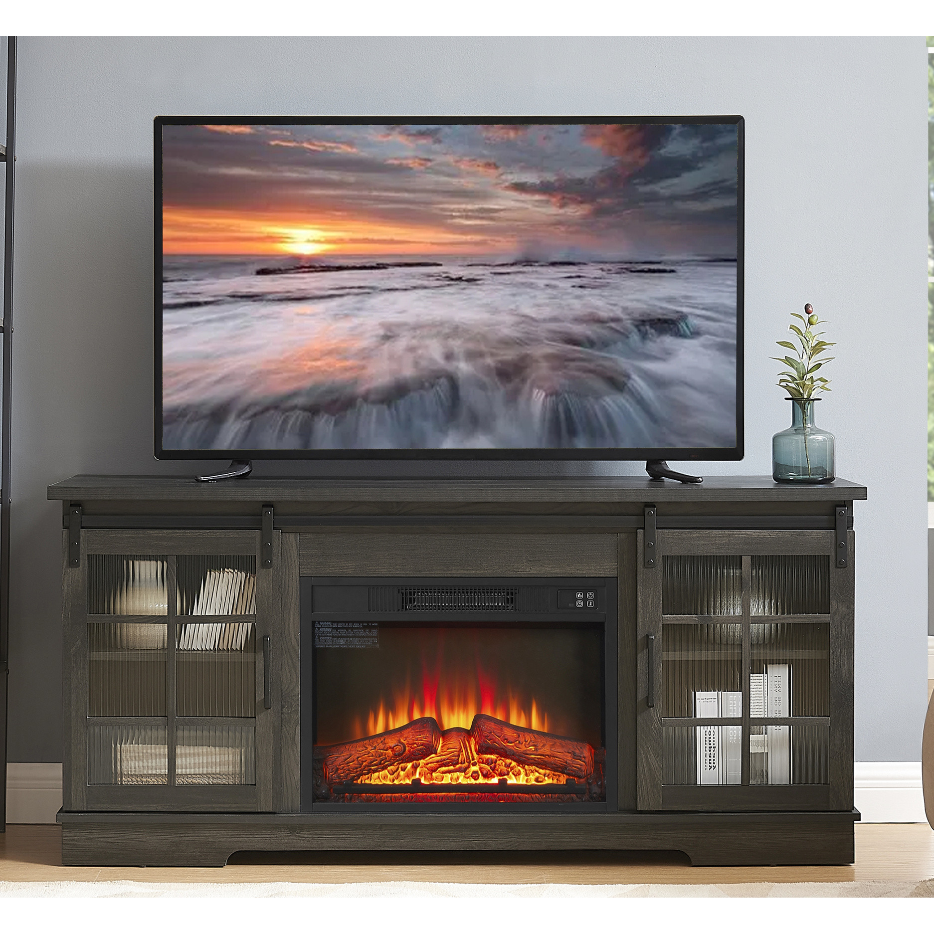 Charcoal grey TV stand for up to 65" TVs with fireplace and sliding ...