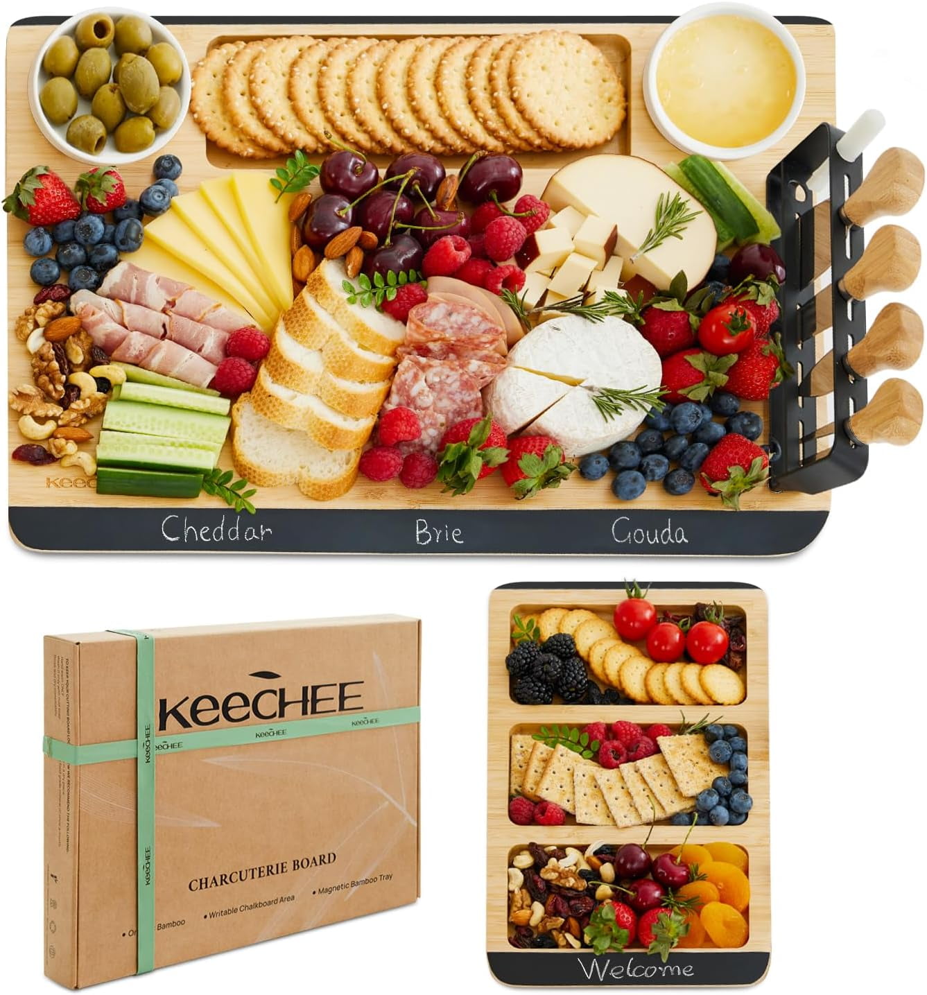 Charcuterie Board Gift Set: Large Bamboo Cheese Board with Chalkboard ...