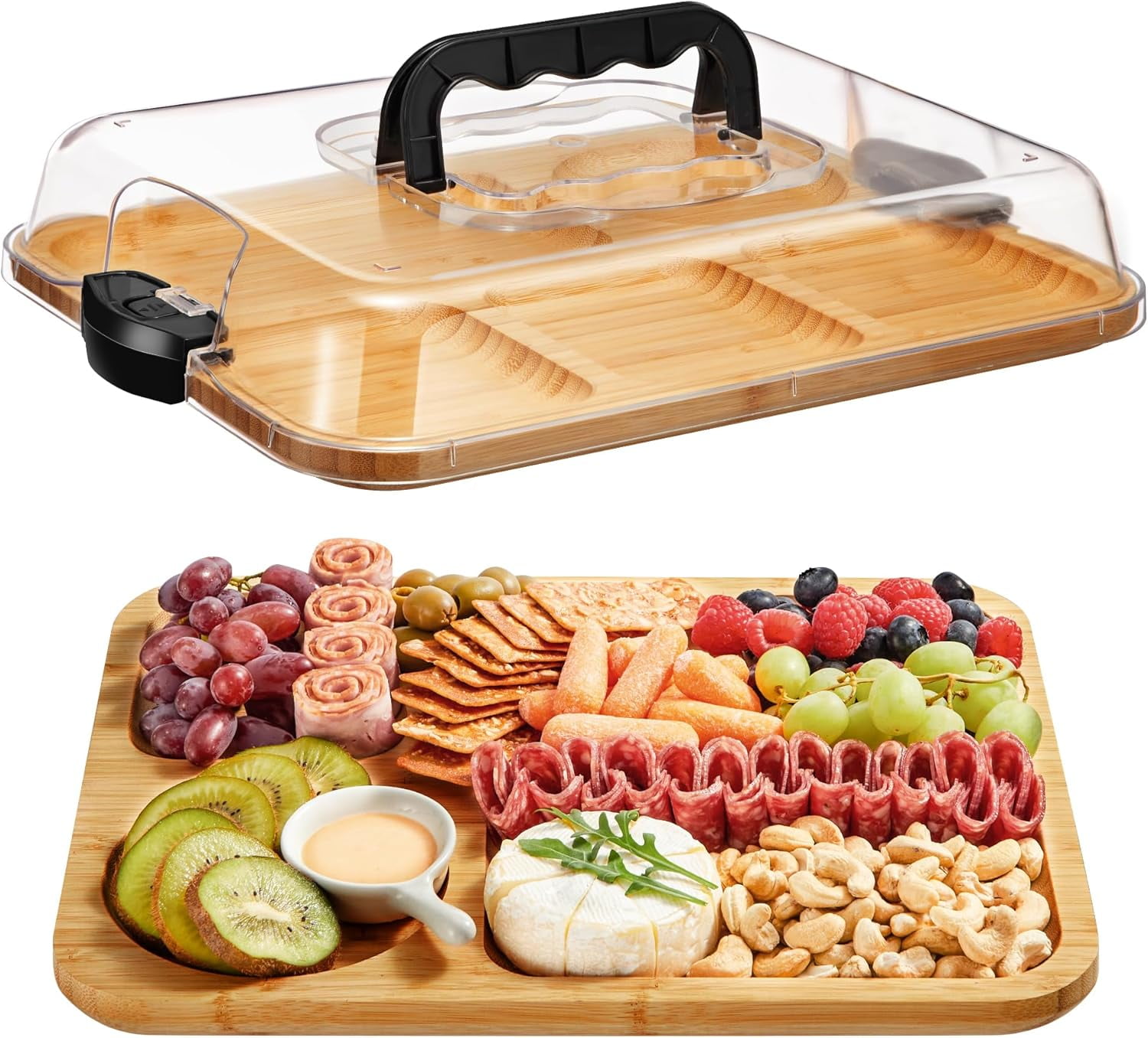 Charcuterie Board with Locking Lid, Bamboo Cheese Tray, Portable ...