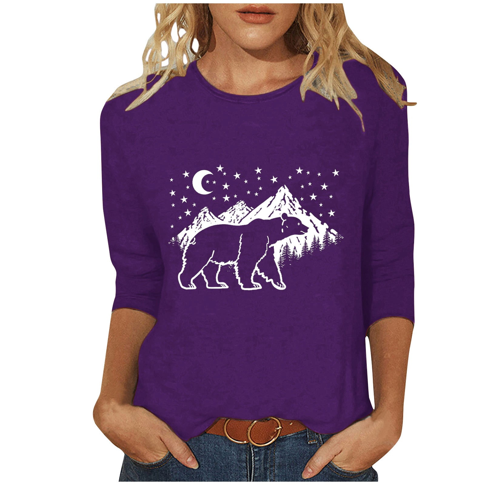 Charella 3/4 Length Sleeve Shirts for Women Polar Bear Graphic Tee ...