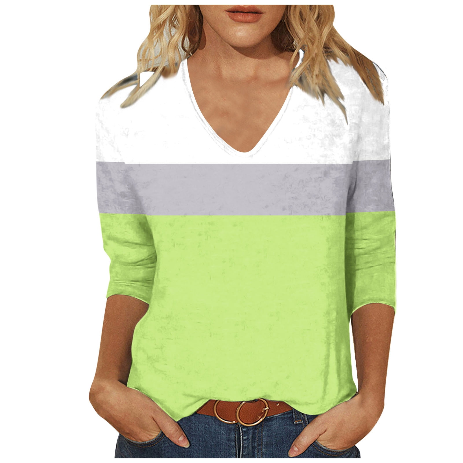 Charella 3/4 Length Sleeve Womens Tops Color Block V Neck Tunic T ...