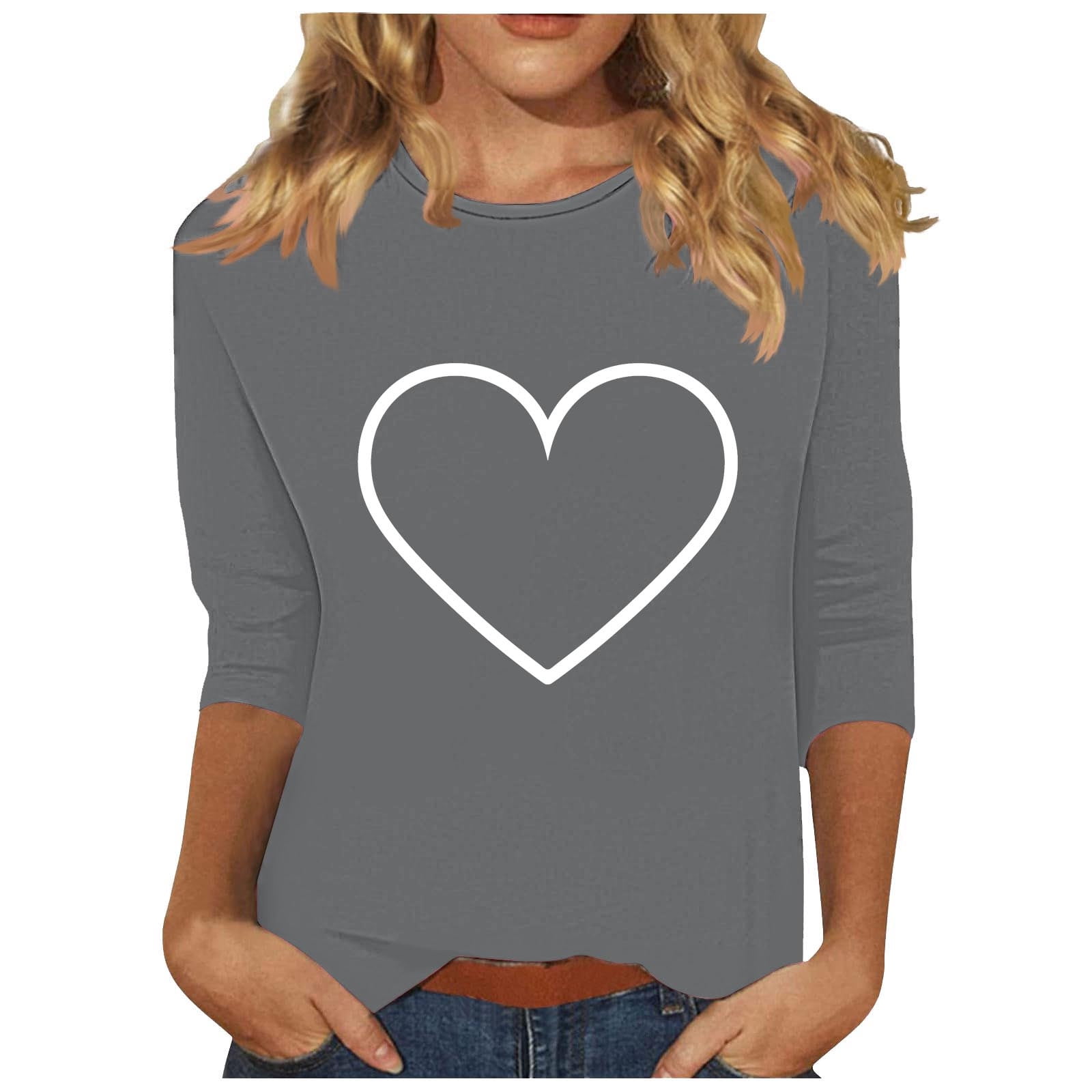 Charella 3/4 Length Sleeve Womens Tops Crew Neck Cute Heart Graphic Tee ...