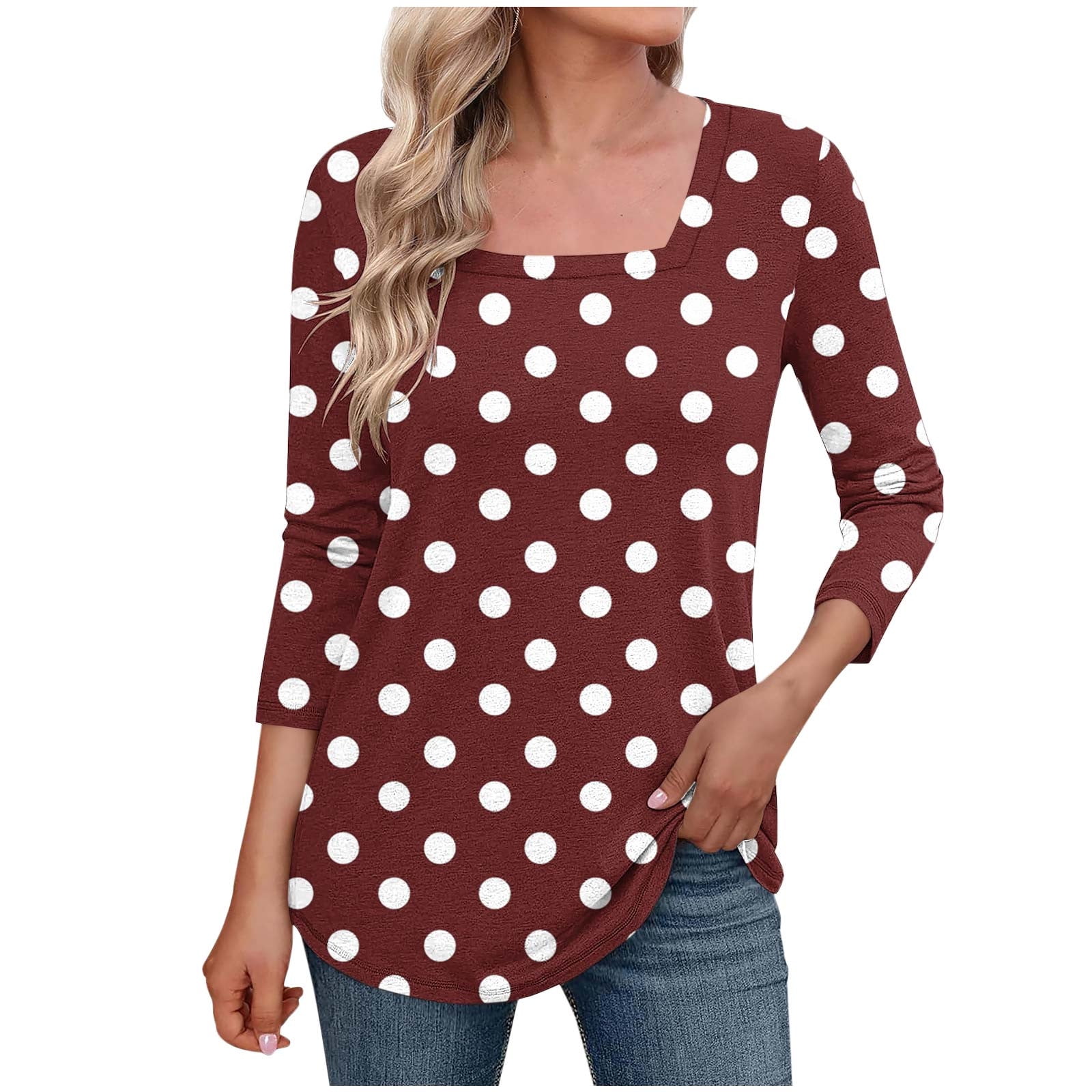 Charella 3/4 Length Sleeve Womens Tops Fashion Polka Dots Square Neck T ...
