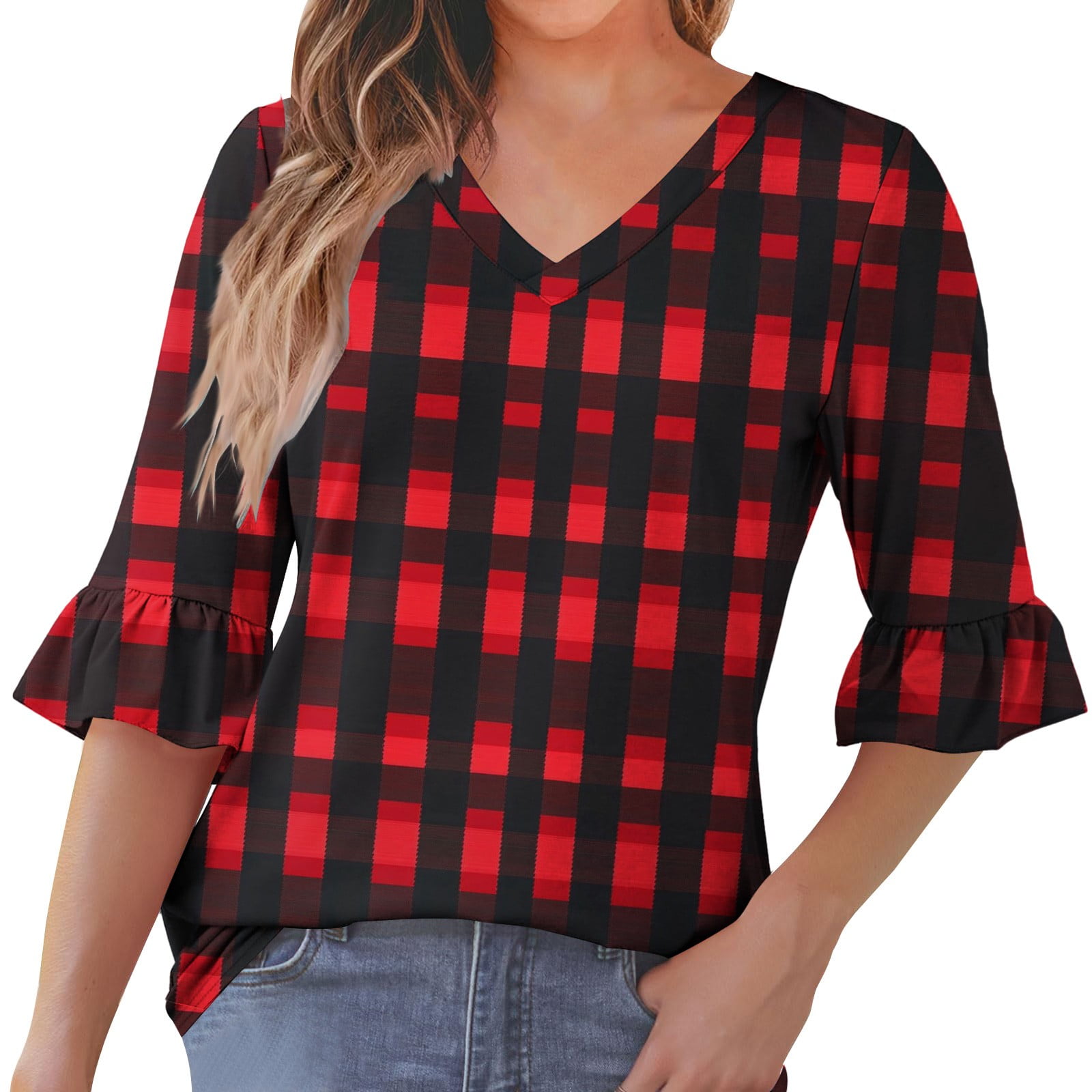 Charella 3/4 Length Sleeve Womens Tops Fashion V Neck Ruffle Sleeve ...