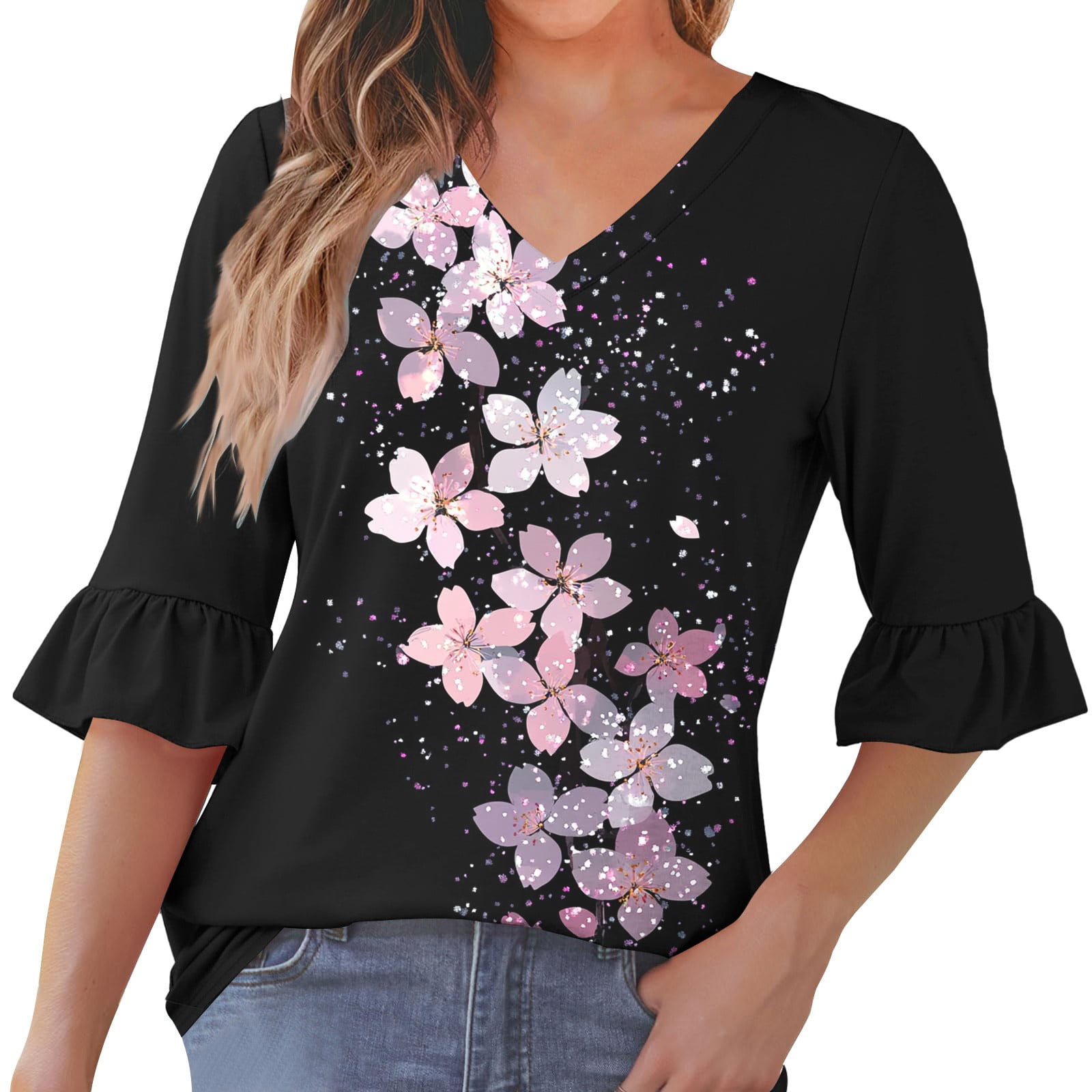 Charella 3/4 Length Sleeve Womens Tops Fashion V Neck Ruffle Sleeve ...