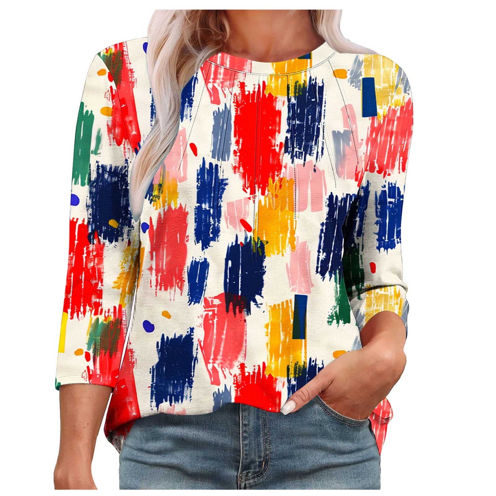 Charella 3/4 Length Sleeve Womens Tops Floral Printed Crew Neck Pleated ...