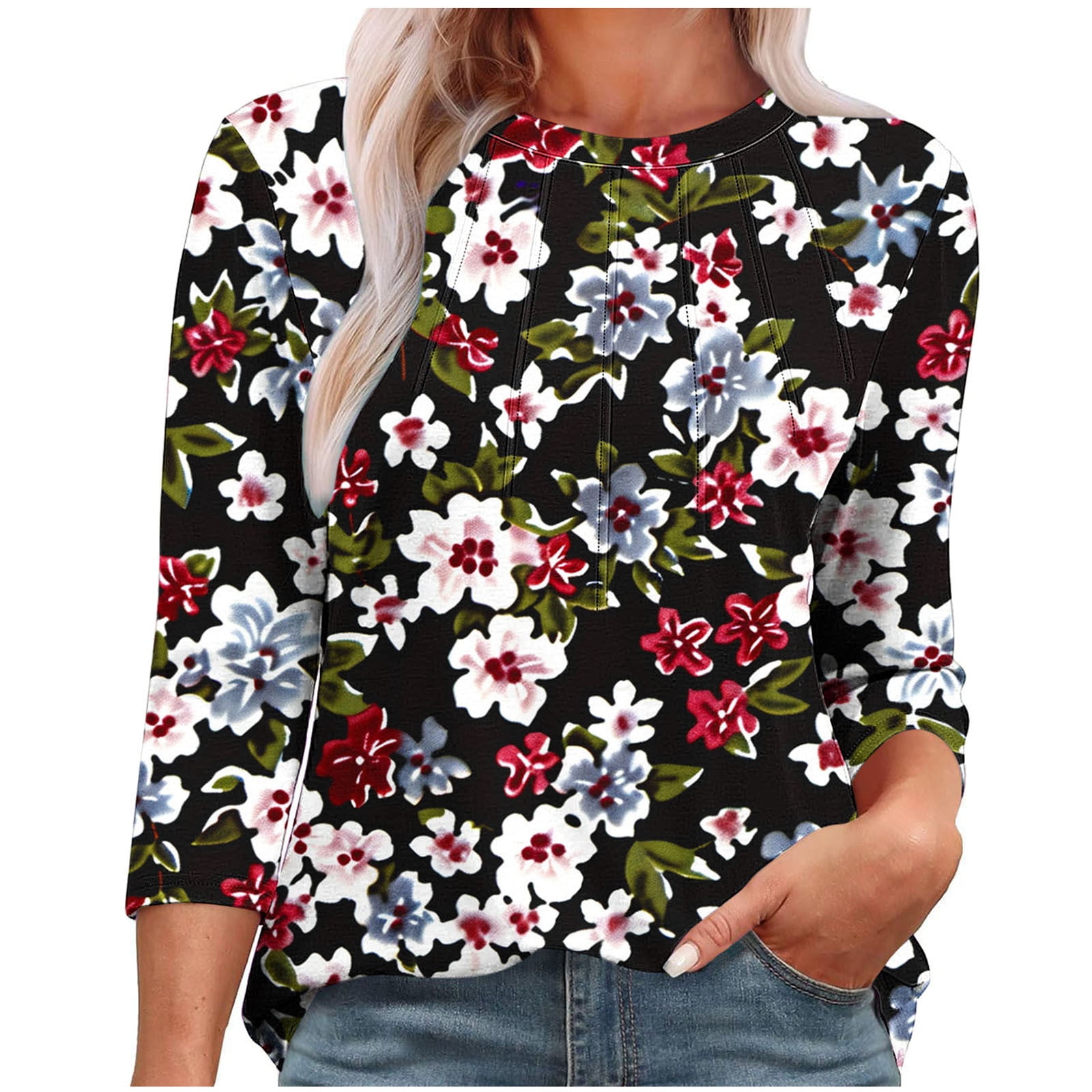 Charella 3/4 Length Sleeve Womens Tops Floral Printed Crew Neck Pleated ...
