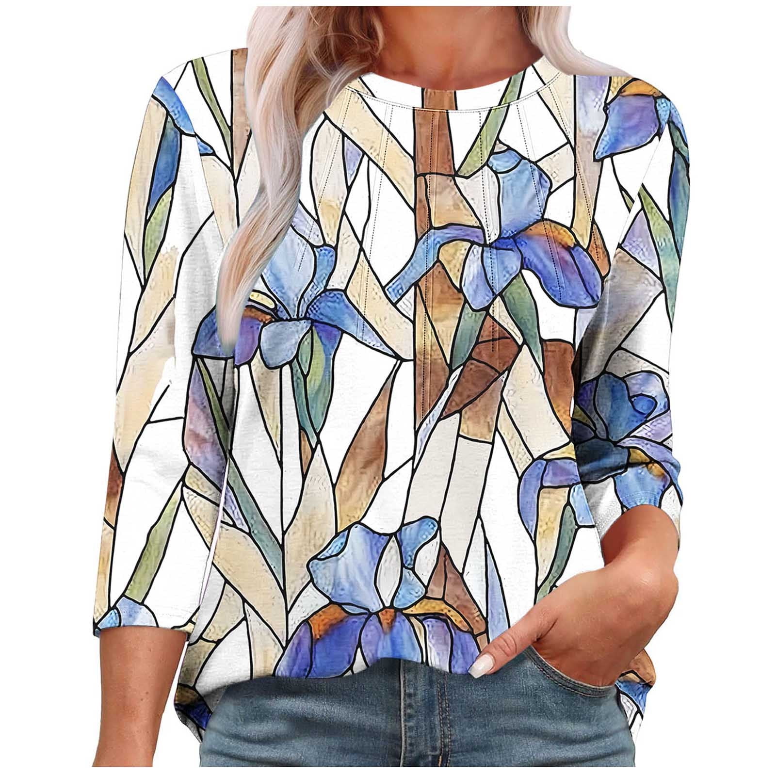Charella 3/4 Length Sleeve Womens Tops Floral Printed Crew Neck Pleated ...