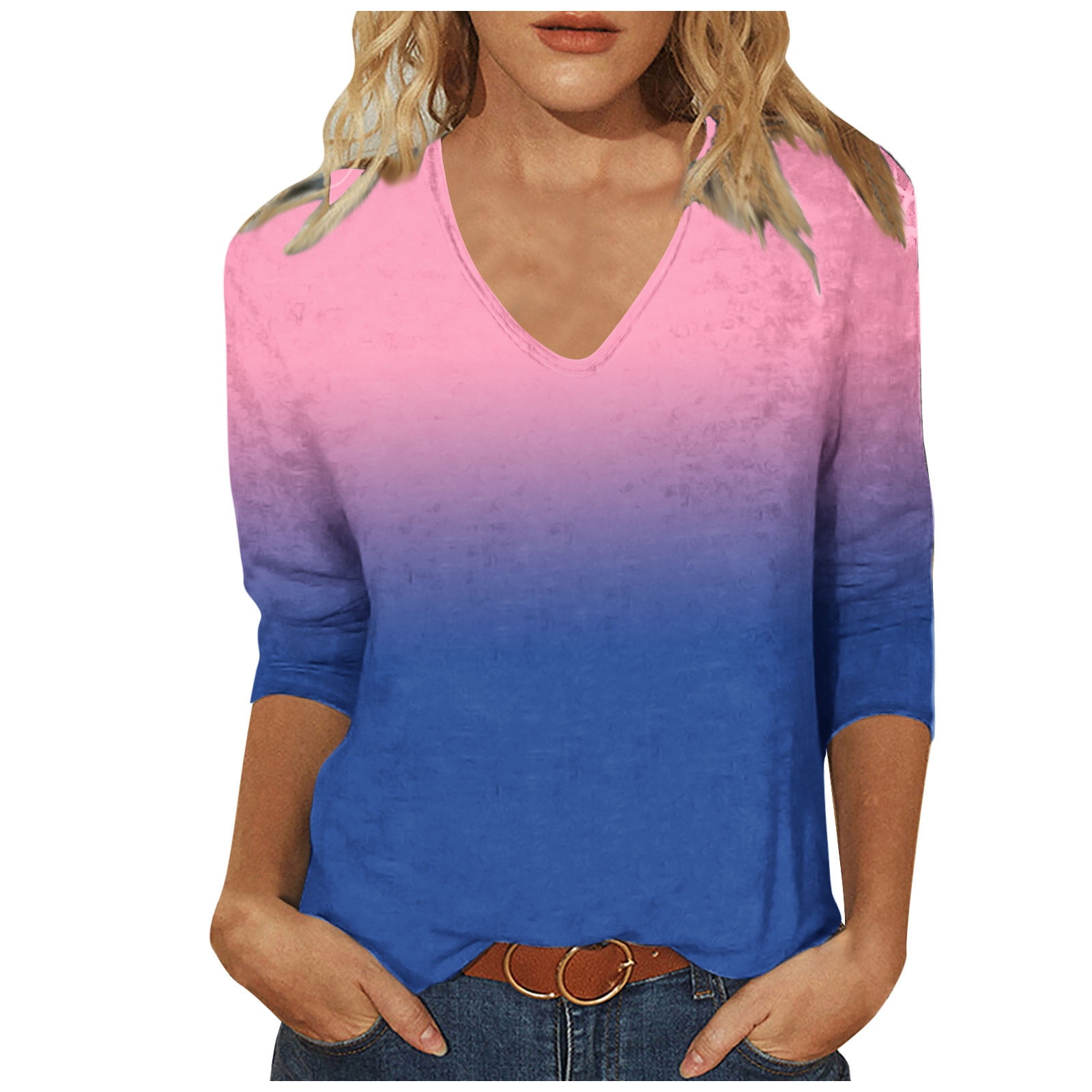 Charella 3/4 Length Sleeve Womens Tops Gradient Color V Neck Tunic T ...
