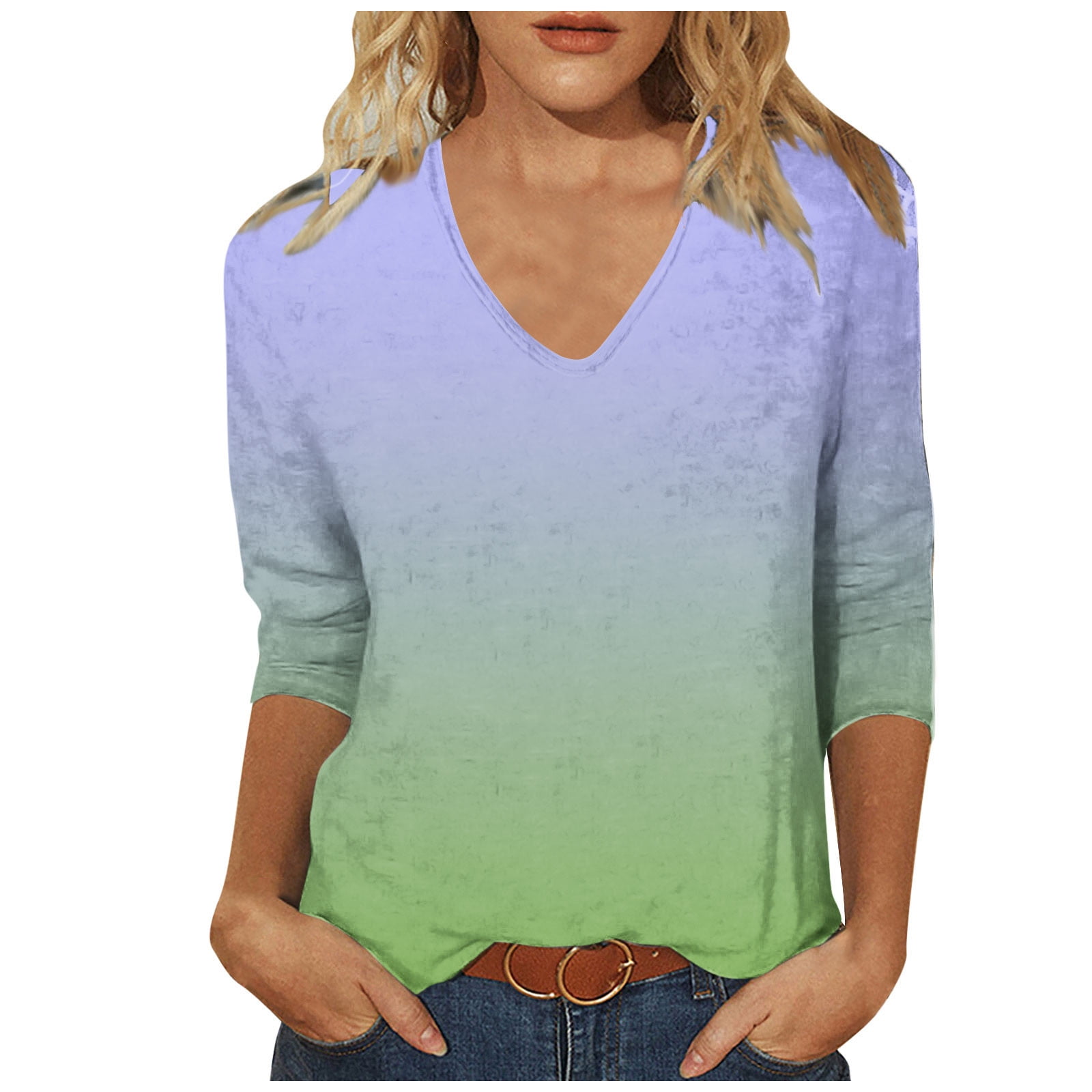 Charella 3/4 Length Sleeve Womens Tops Gradient Color V Neck Tunic T ...