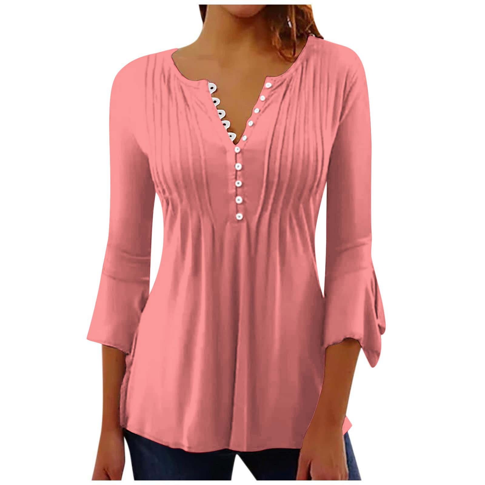 Charella 3/4 Length Sleeve Womens Tops V Neck Pleated Button down Flare ...