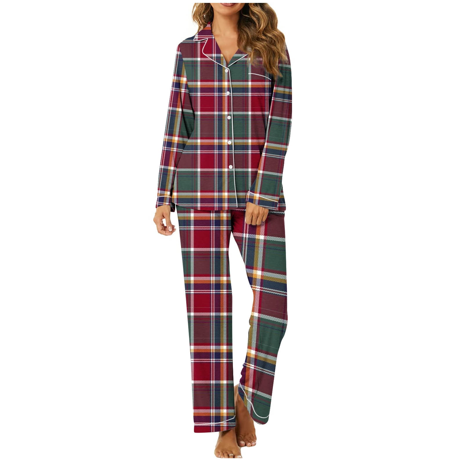 Charella Flannel Pajamas for Women Button Front Plaid Shirt and Pants ...