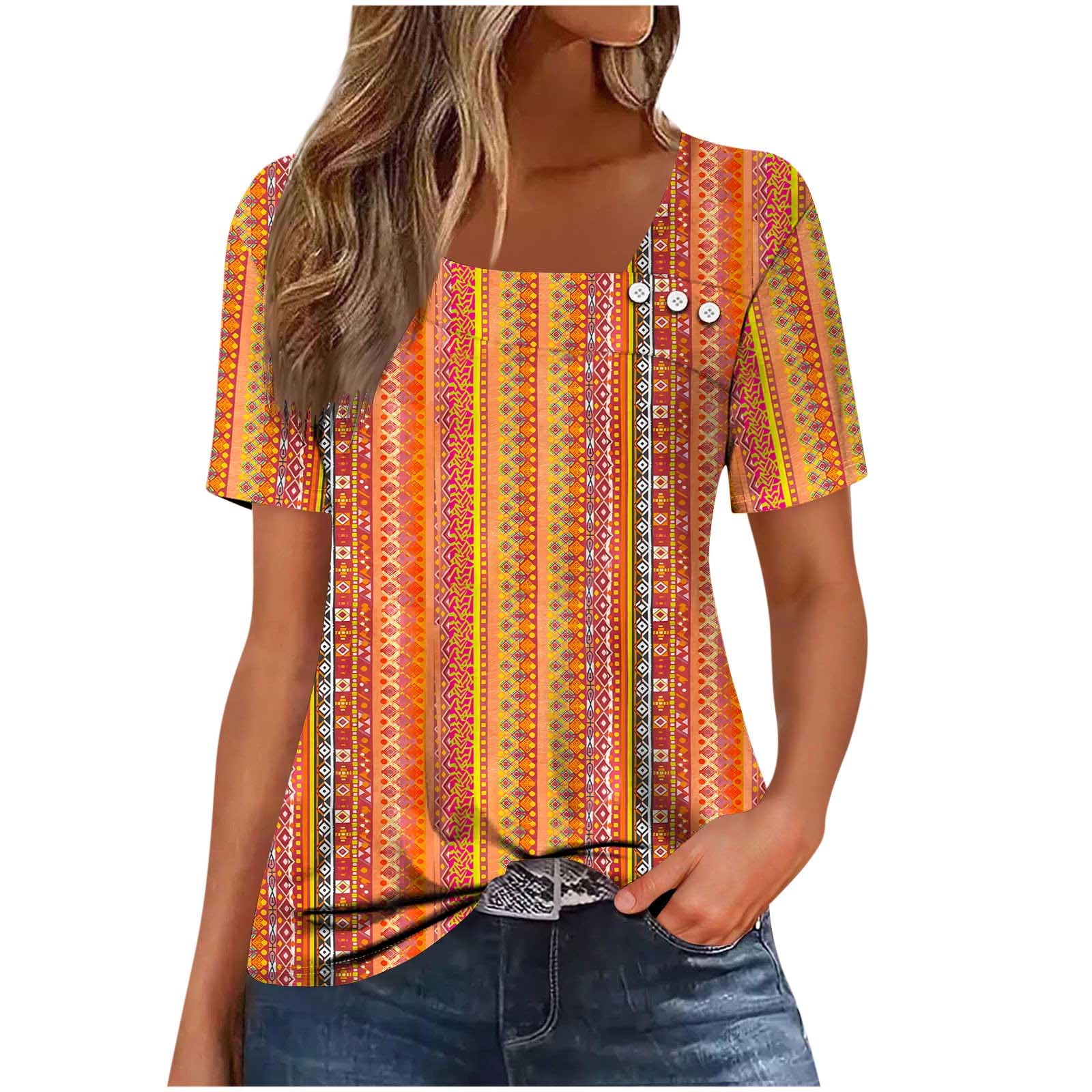 Charella Floral Printed Tops for Women Square Neck Button Short Sleeve ...