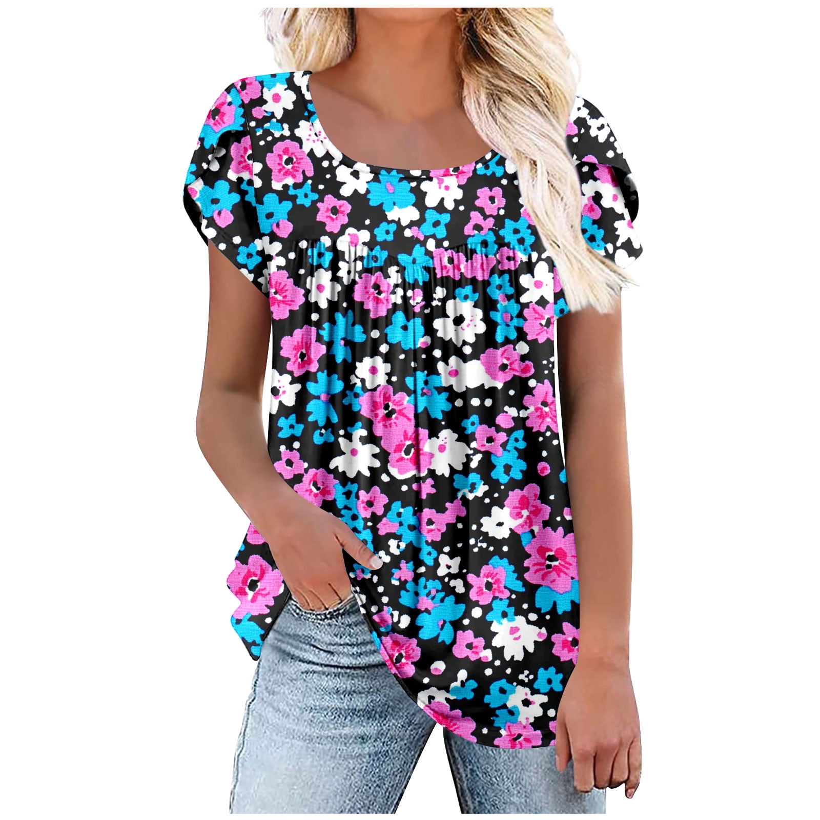 Charella Floral Printed Tops for Women Square Neck Pleated Petal Short ...