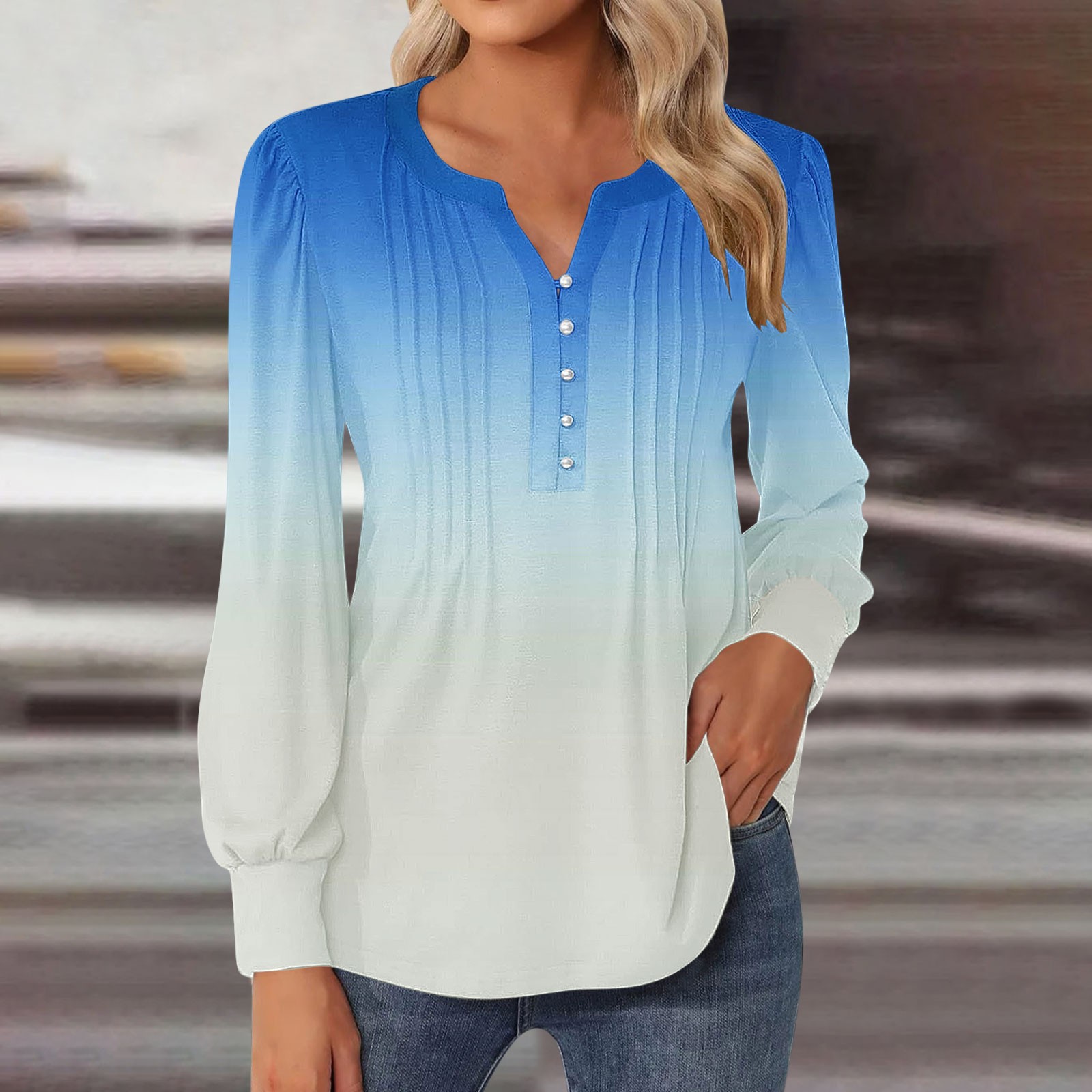 Charella Gradient Henley Tunic Tops for Women Long Sleeve Casual V Neck ...