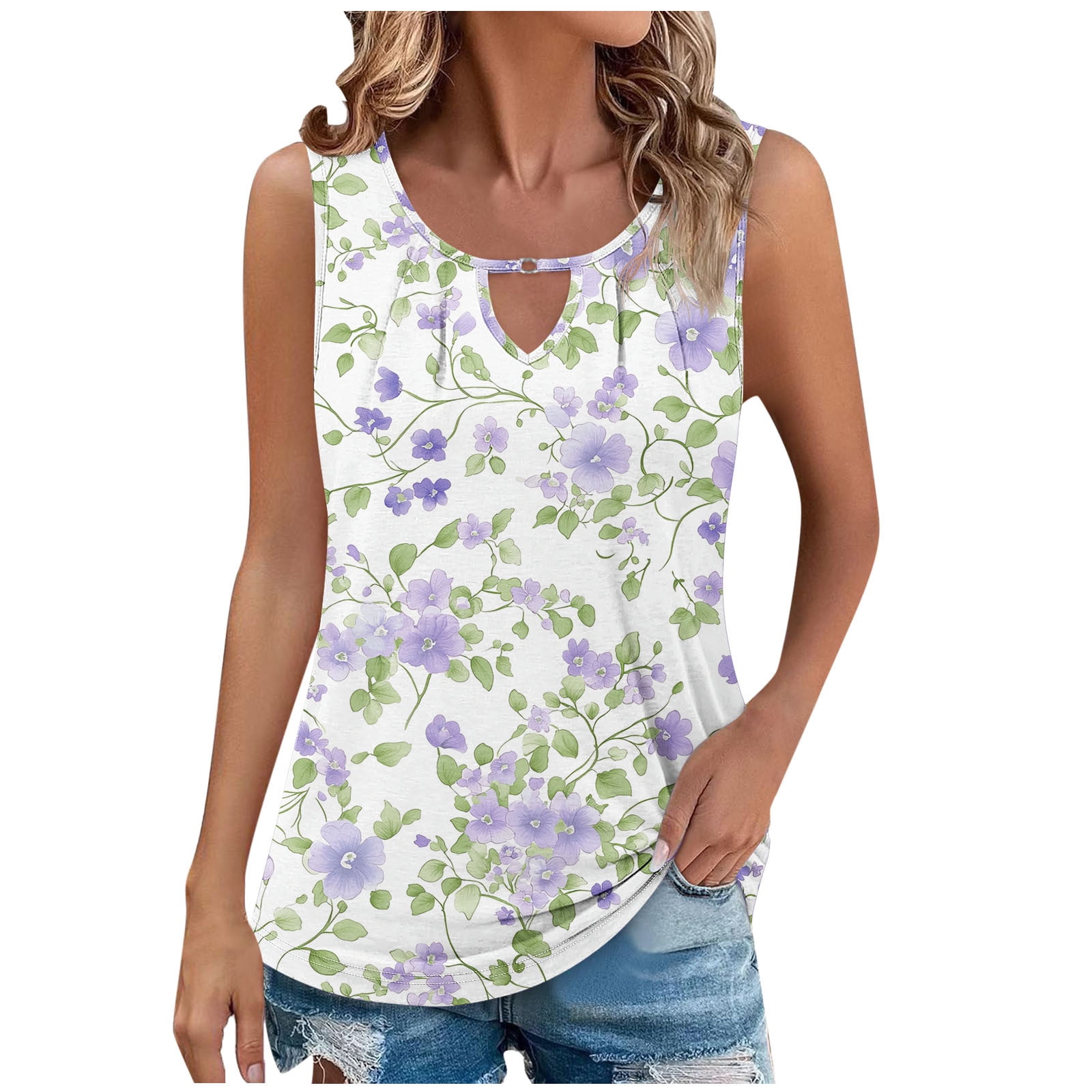 Charella Ladies Tank Tops Loose Fit Summer Floral Printed Keyhole Neck ...