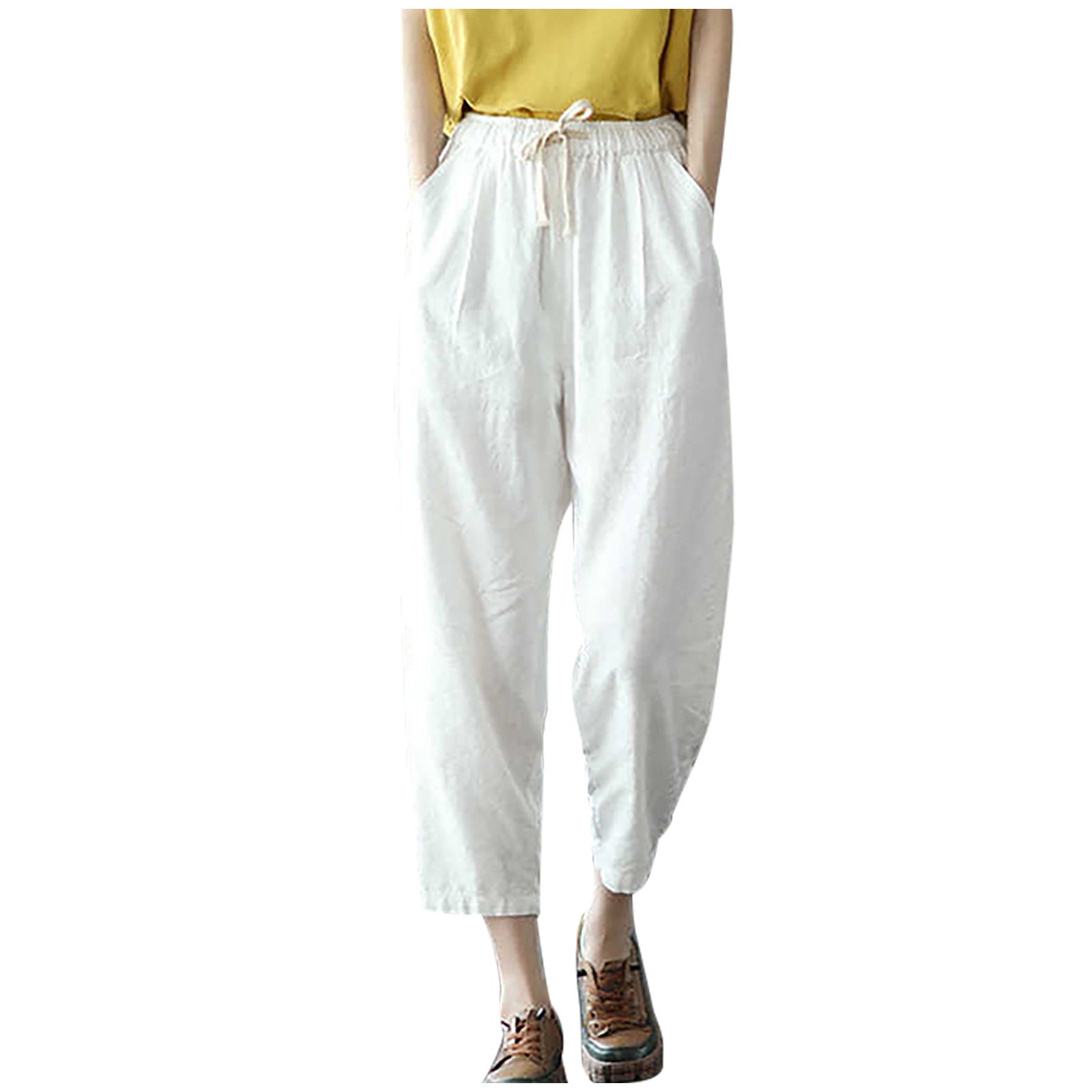 Charella Linen Cropped Pants for Women Elastic Waist Drawstring ...