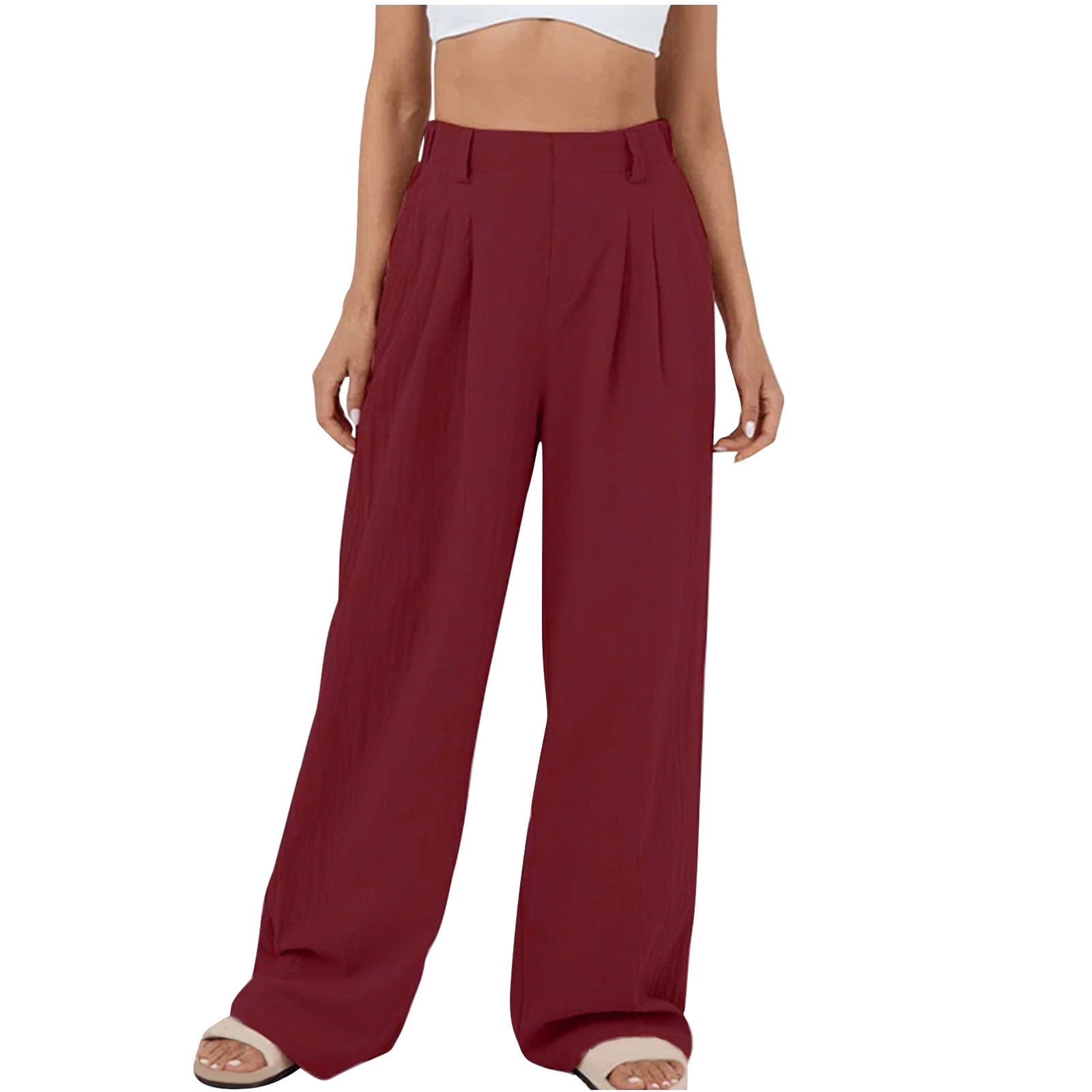 Charella Linen Pants for Women Wid Leg Elastic Waist Casual Solid ...