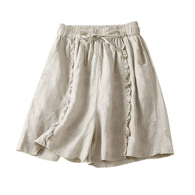 Charella Linen Shorts for Women Ruffle Elastic Waist Drawstring Wide ...