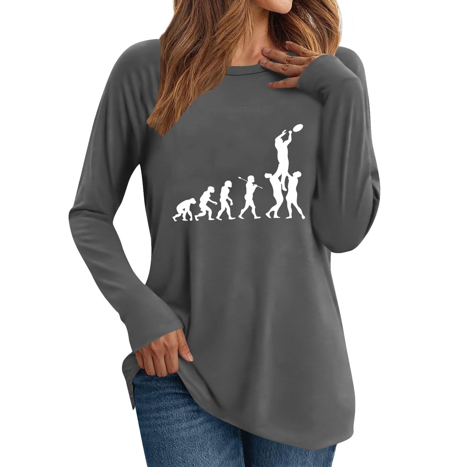 Charella Long Sleeve Shirts for Women Casual Graphic Tee Loose Fit Crew ...