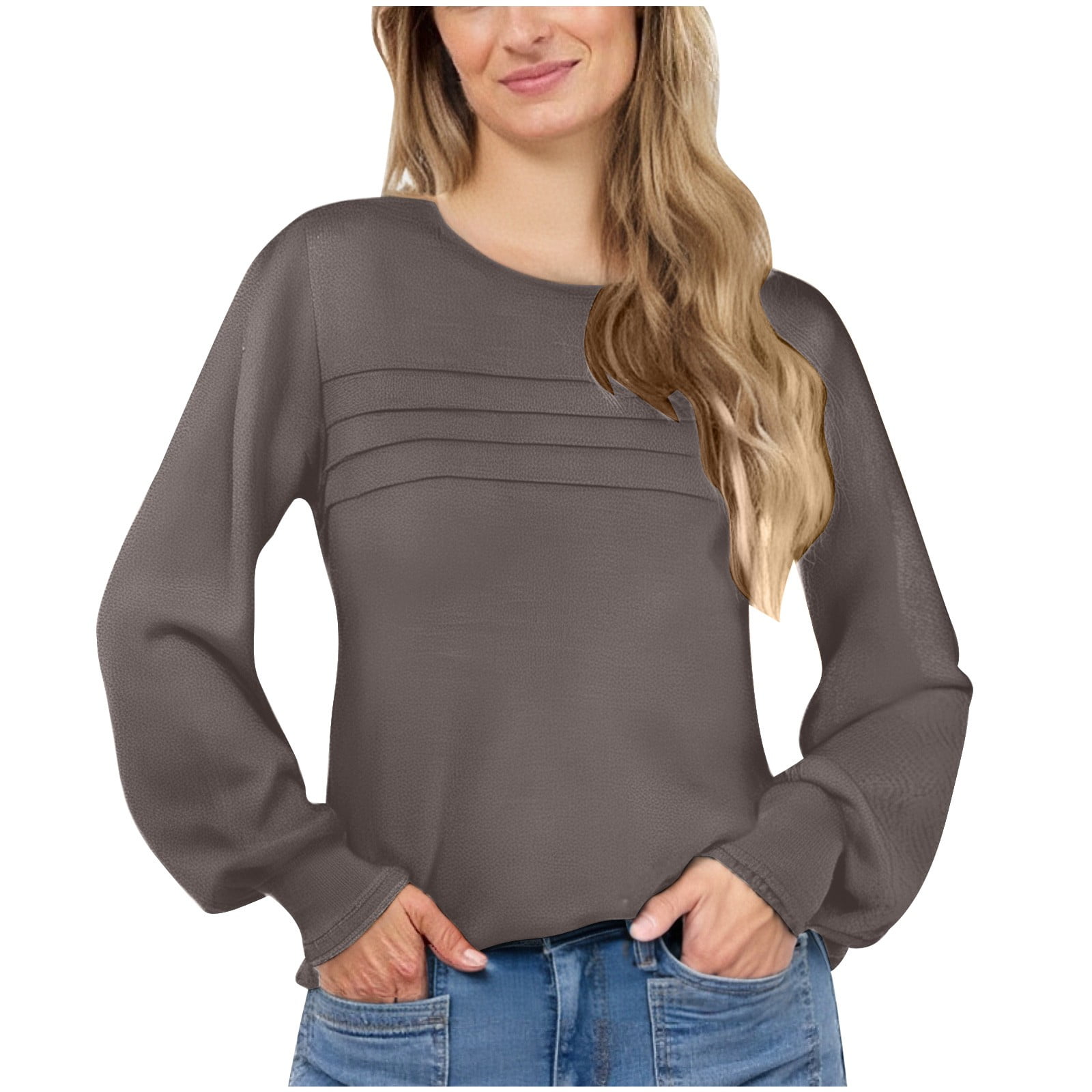 Charella Long Sleeve Shirts for Women Crew Neck Pleated Puff Sleeve ...