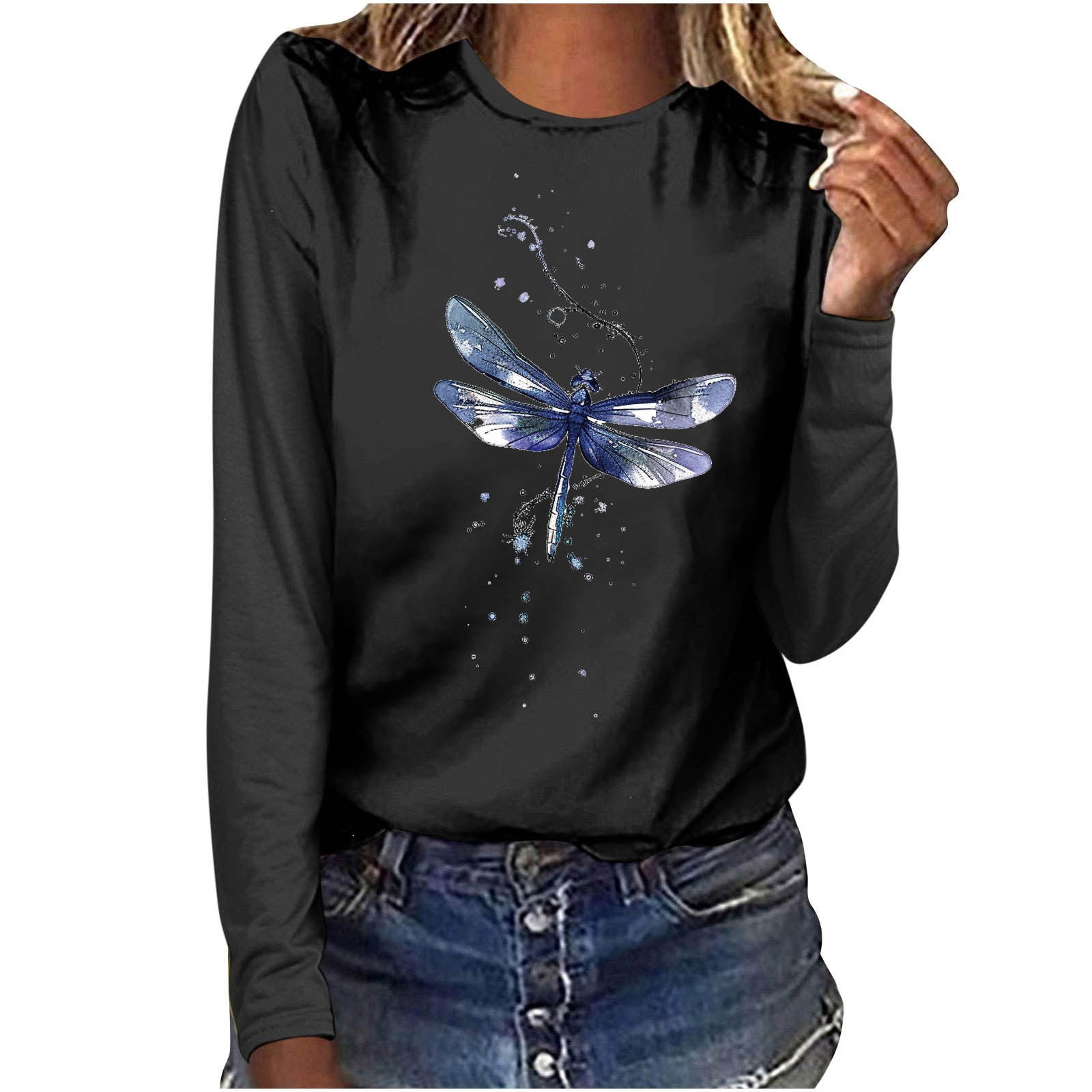 Charella Long Sleeve Shirts for Women Dragonfly Funny Graphic Tee Tops ...