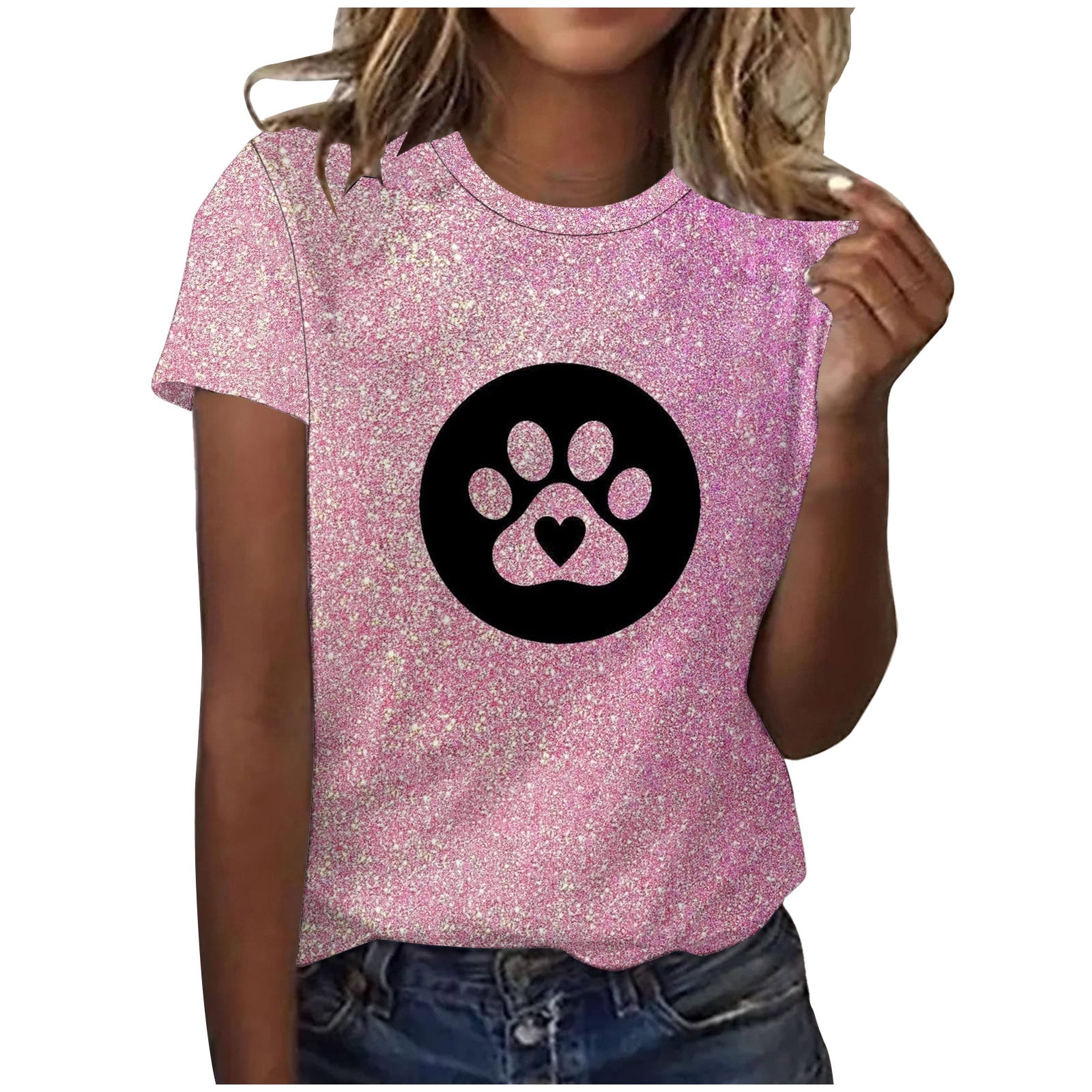 Charella Short Sleeve Shirts for Women Dog Paw Printed Crewneck T ...