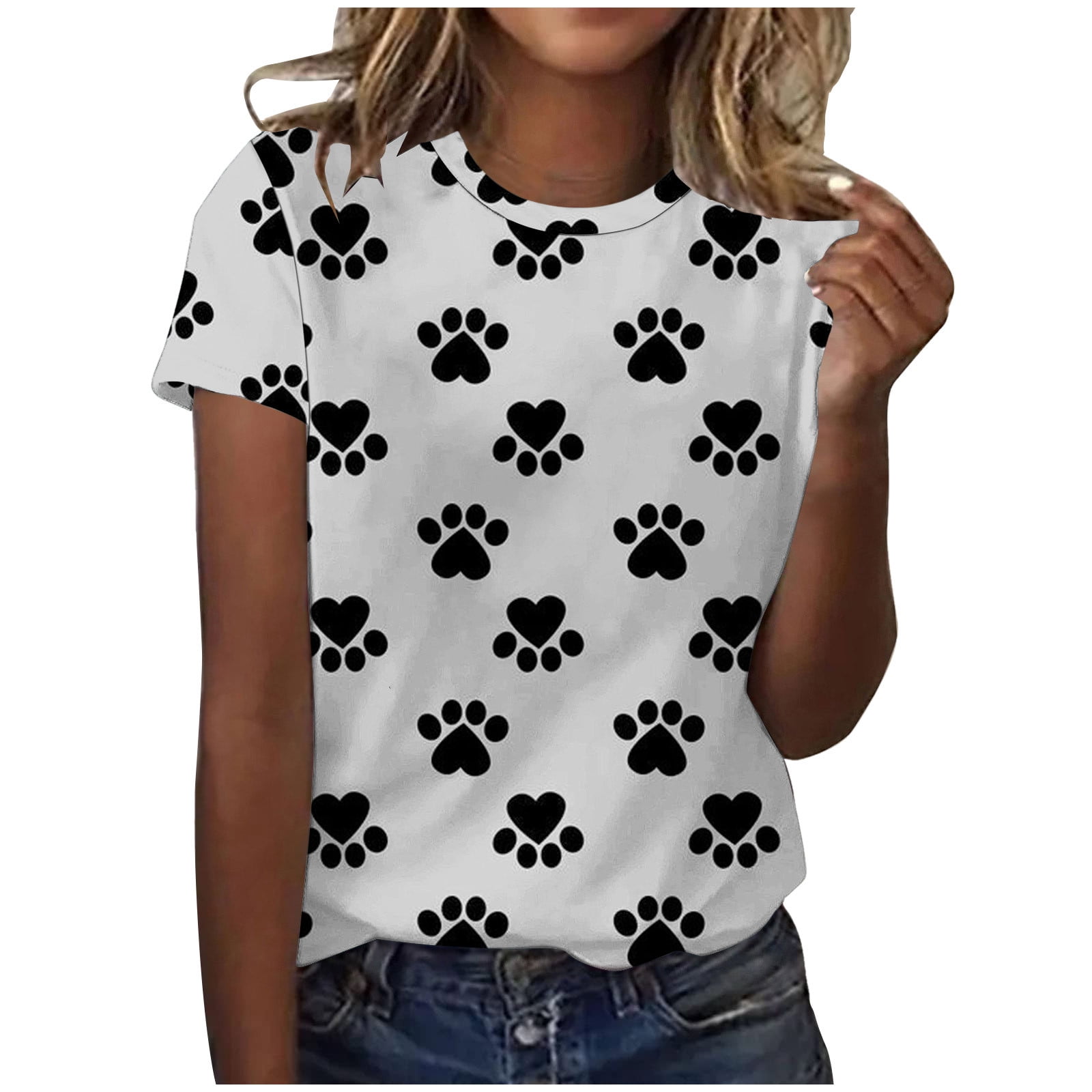 Charella Short Sleeve Shirts for Women Dog Paw Printed Crewneck T ...
