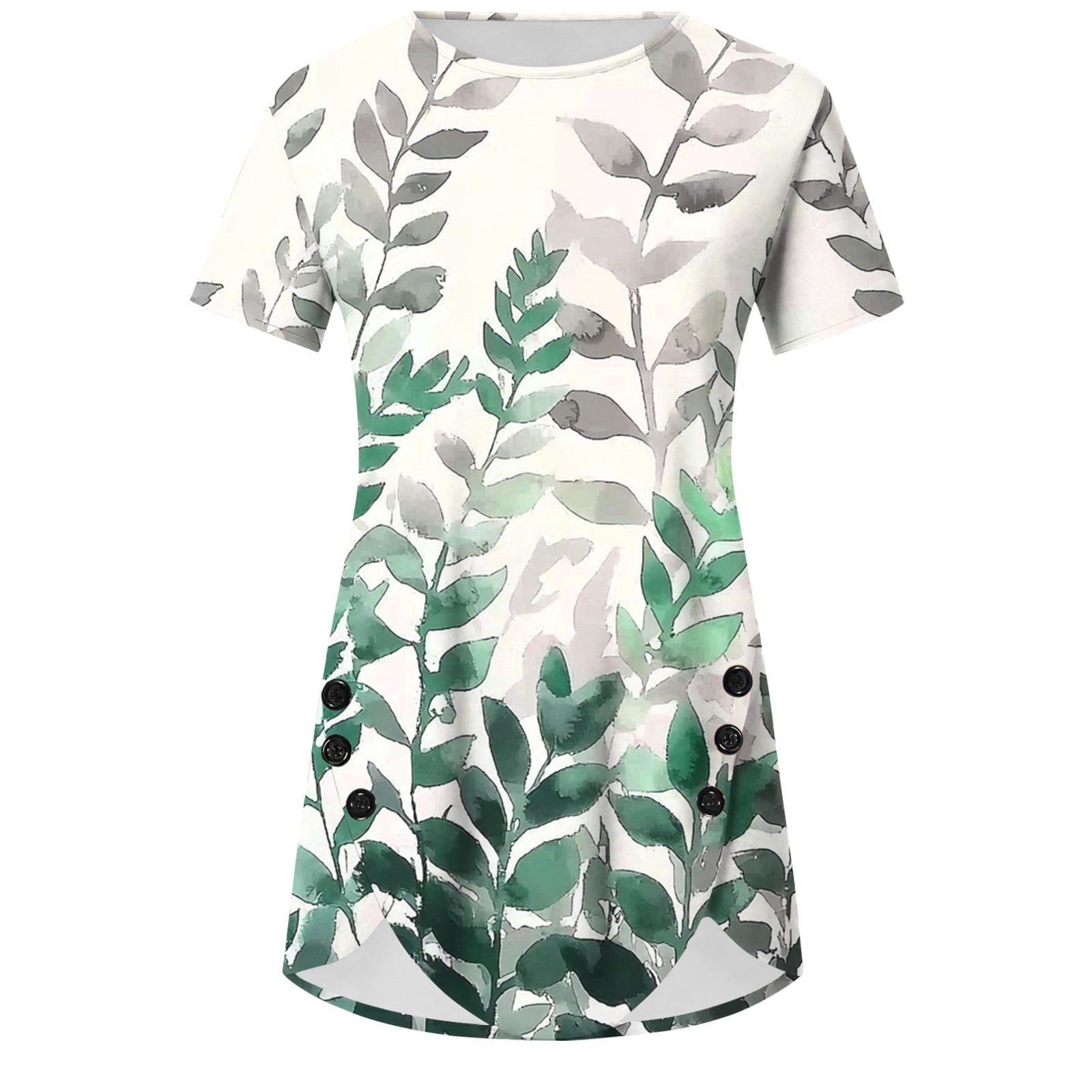 Charella Summer Tops for Women Asymmetrical Button Hem Crew Neck Shirts ...