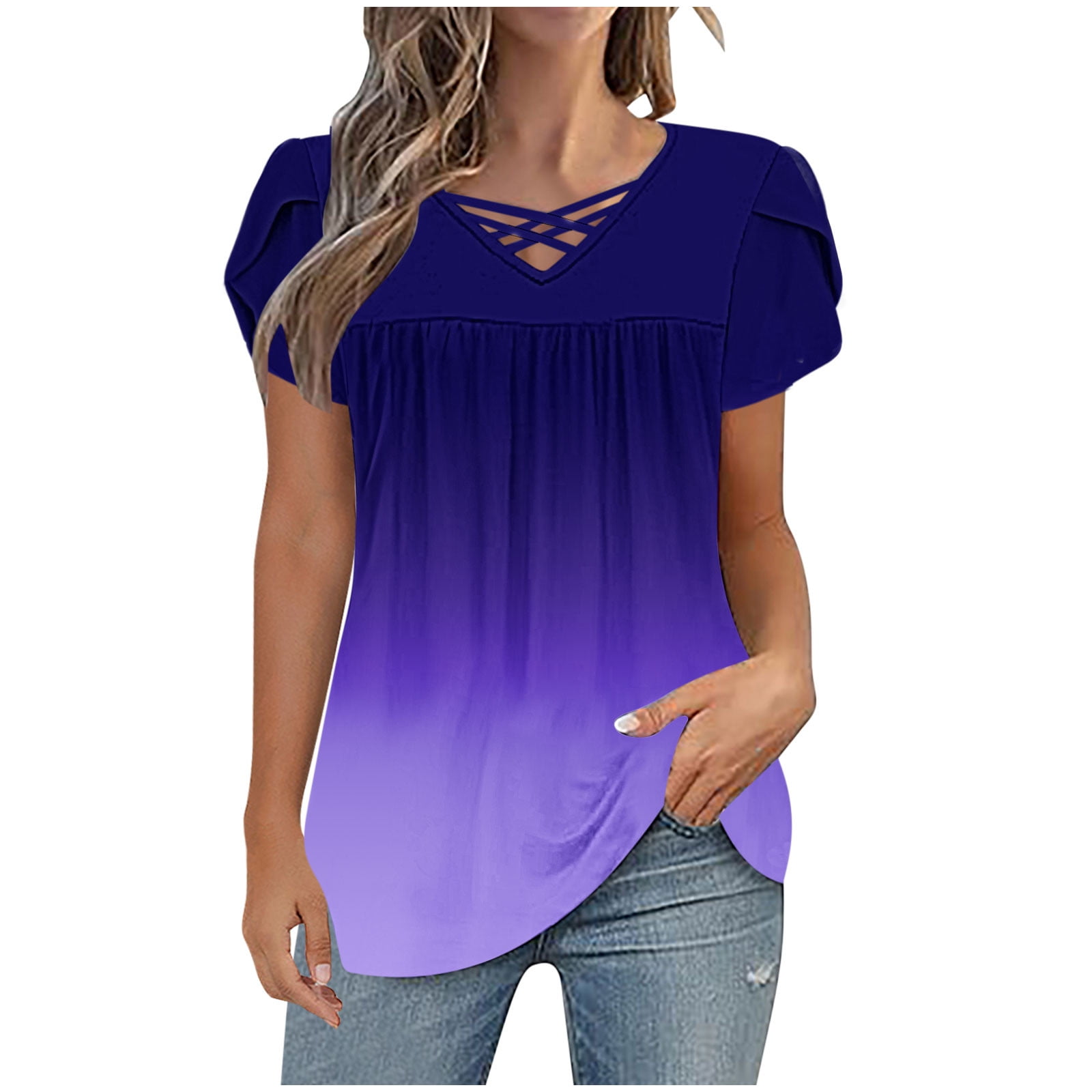 Charella Tops for Women Trendy Cross V Neck Petal Short Sleeve Pleated ...