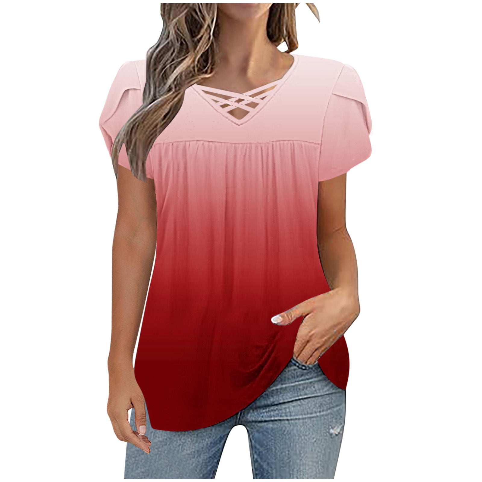 Charella Tops for Women Trendy Cross V Neck Petal Short Sleeve Pleated ...