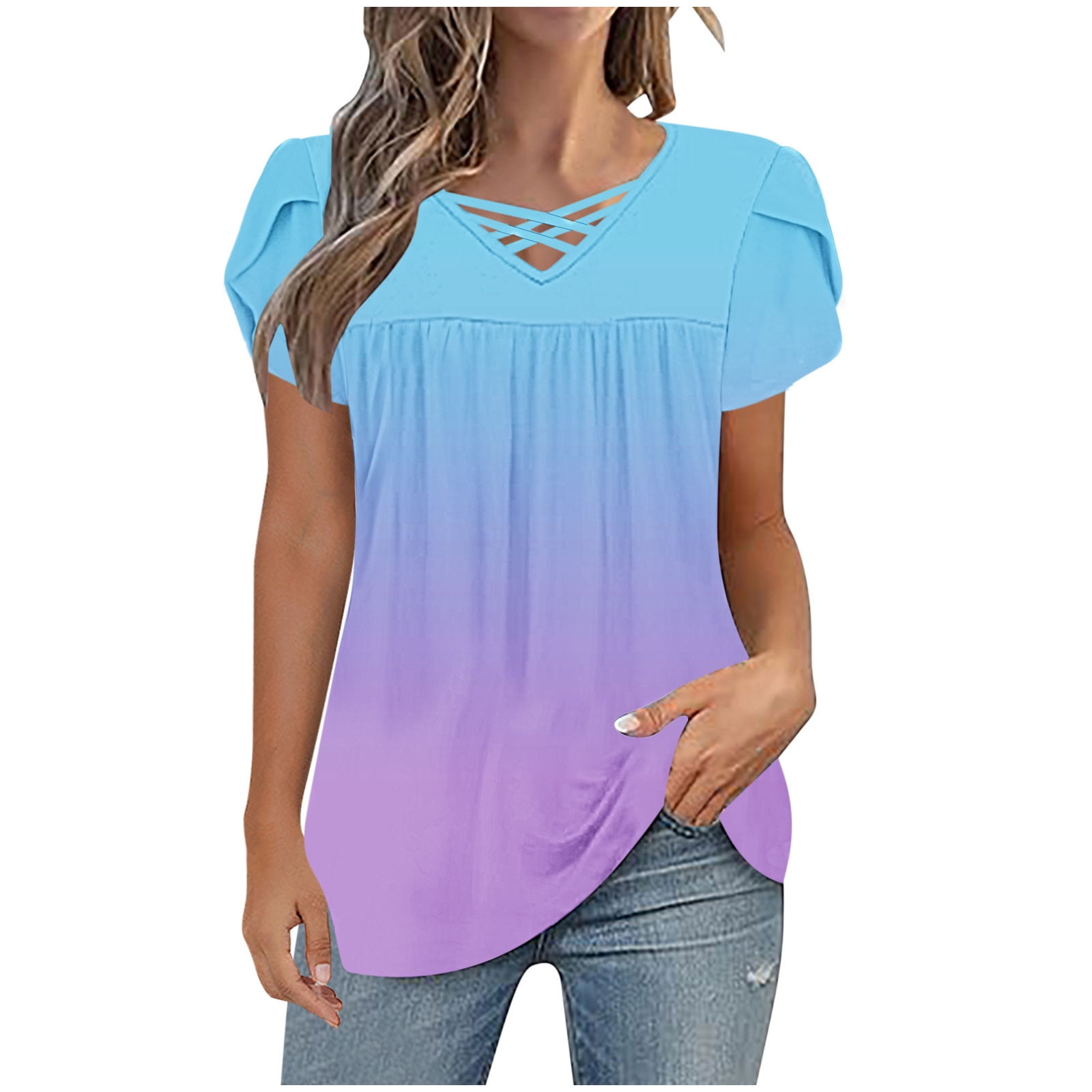 Charella Tops for Women Trendy Cross V Neck Petal Short Sleeve Pleated ...
